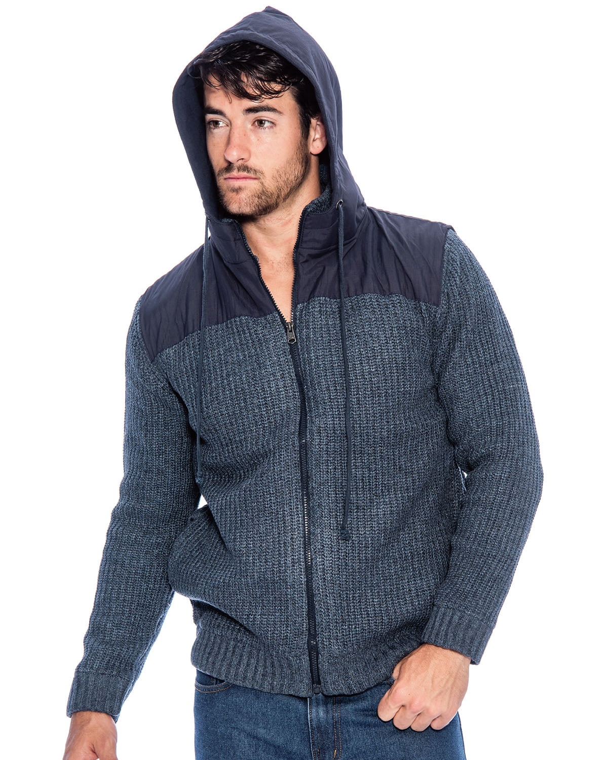 9 Crowns Essentials TR Men's Layer Look Hooded Sweater Jacket (Denim ...