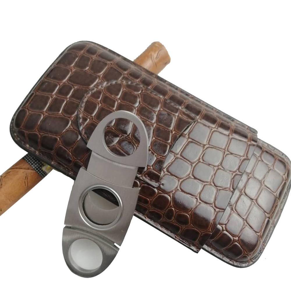 Kizocay Brown Leather Cigar Case Holder for 3 Cigars with Cutter Set ...