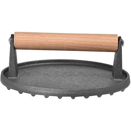 Round Cast Iron Grill Bacon Press with Wood Handle Meat BBQ Press Steak ...
