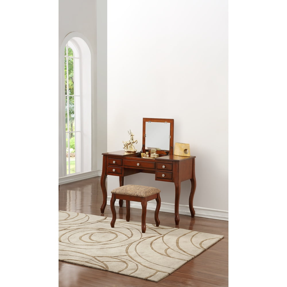 Bobkona Cailyn Flip Up Mirror vanity Set with Stool in Cherry - Walmart.com