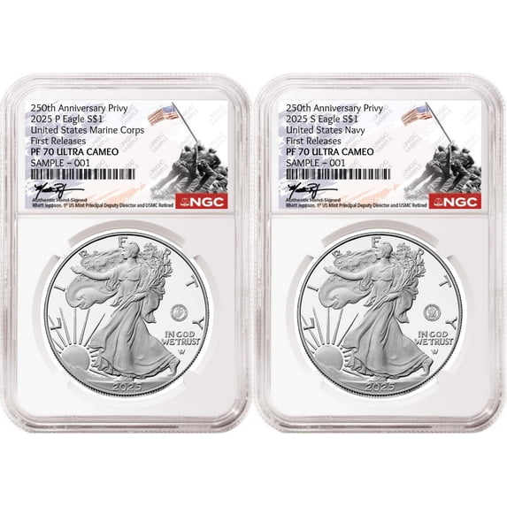 2 Coin Set 2025 Silver Eagles Marine & Navy Privy NGC PF 70 FR RJ ...