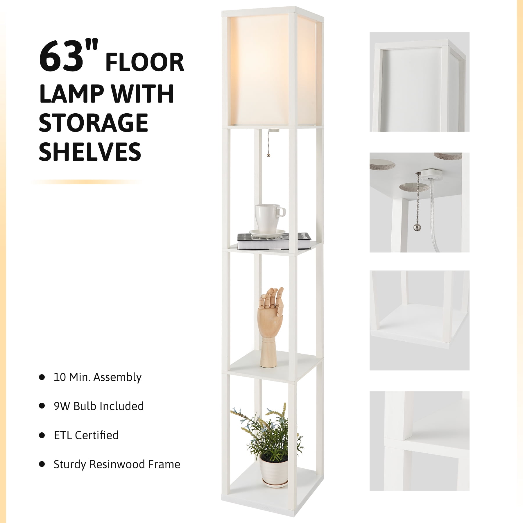Bestco Modern 63 in. Standing Corner Shelf Floor Lamp with 3 Book ...