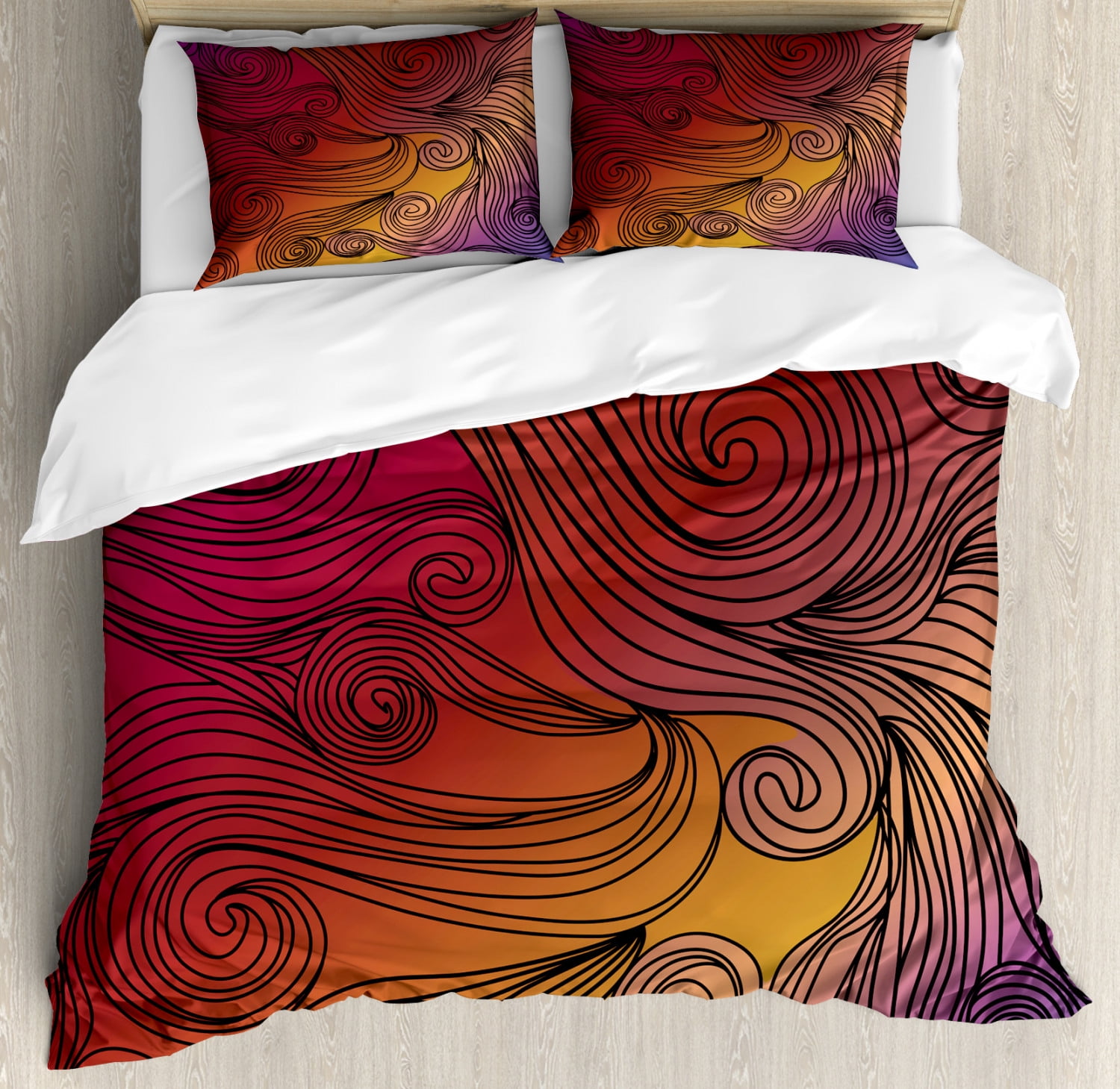 Abstract Duvet Cover Set Queen Size, Doodle Abstract Waves with Stripes ...