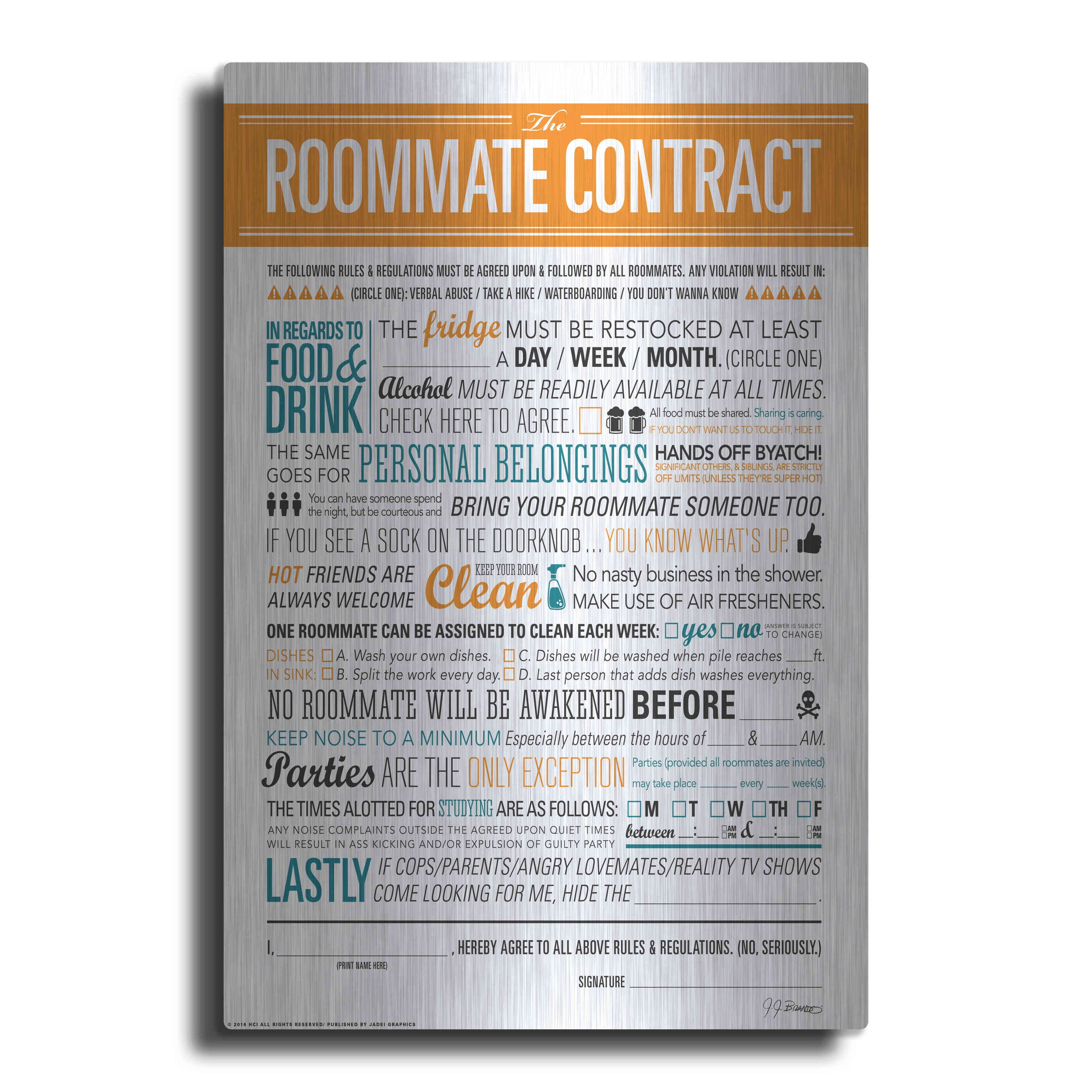 Luxe Metal Art 'Roommate Contract' by JJ Brando, Metal Wall Art, 16"x24 ...