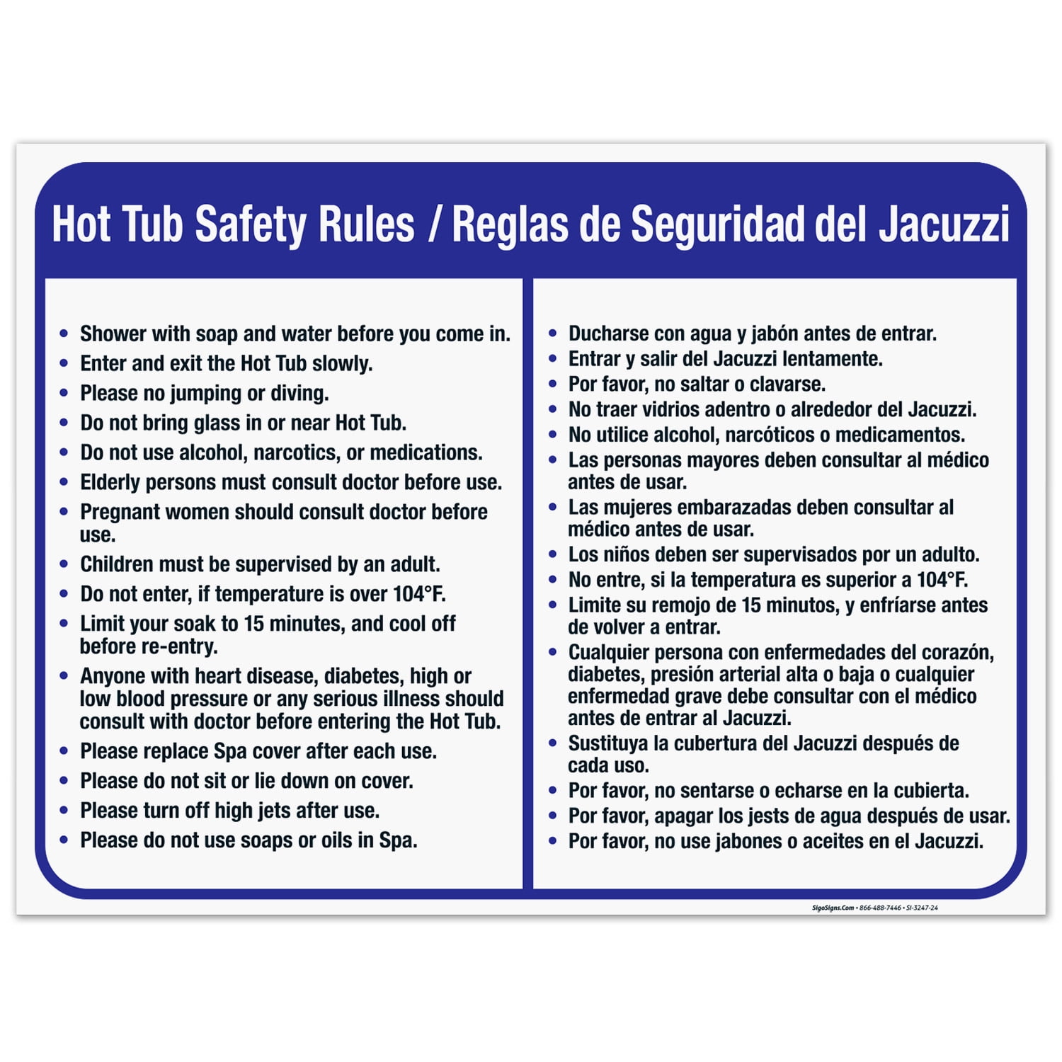 Hot Tub Safety Rules Sign, Bilingual English Spanish, 18x24 Corrugated ...