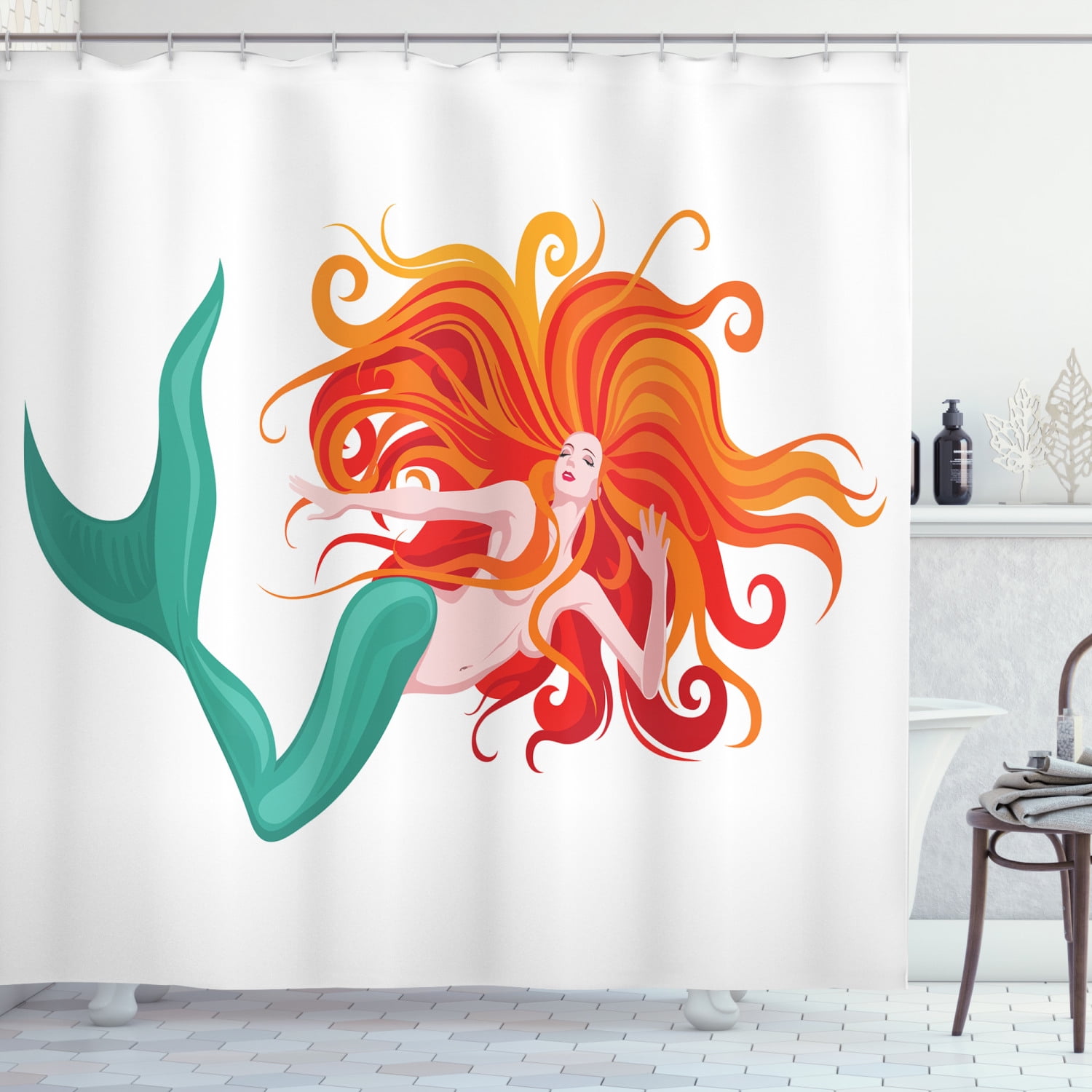 Mermaid Decor Shower Curtain Set Illustration Of Red Haired Mermaid
