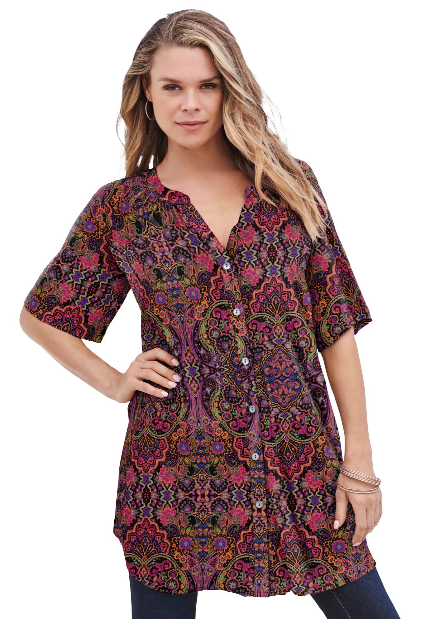 Roamans Womens Plus Size Short Sleeve Angelina Tunic Long Button