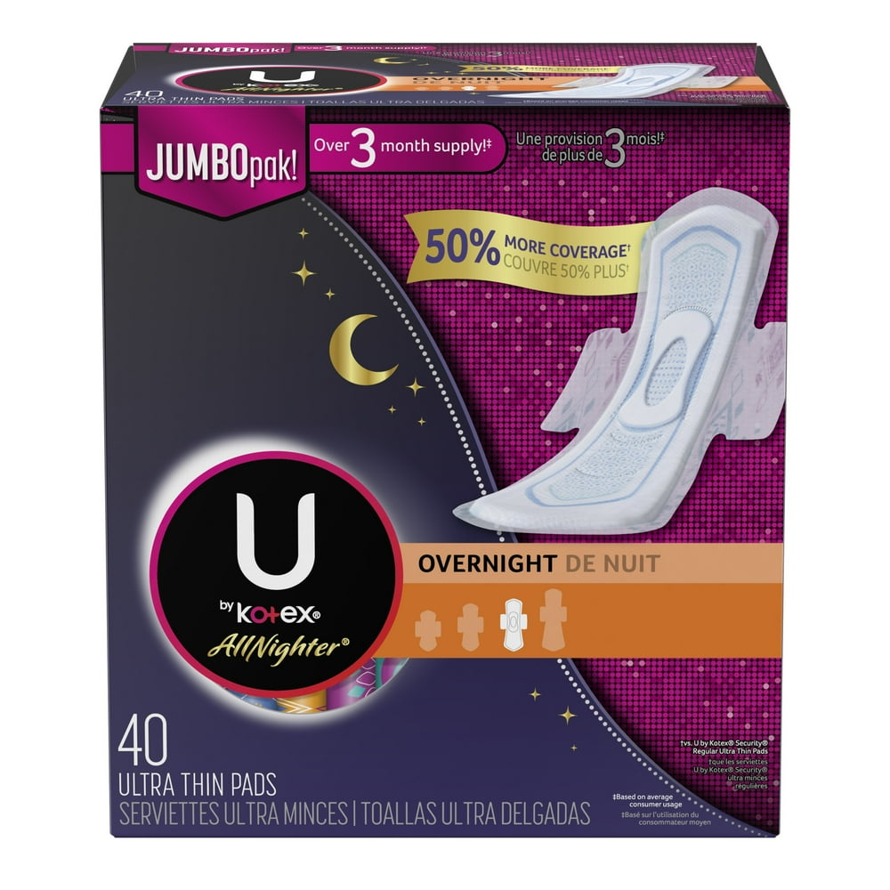 U by Kotex AllNighter Ultra Thin Overnight Pads with Wings, Unscented ...