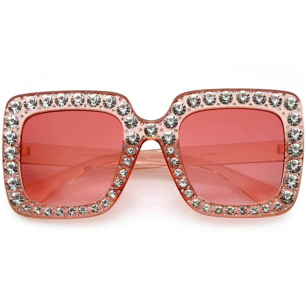Sunglassla Designer Oversize Square Sunglasses Crystal Rhinestone Gradient Lens 52mm Pink