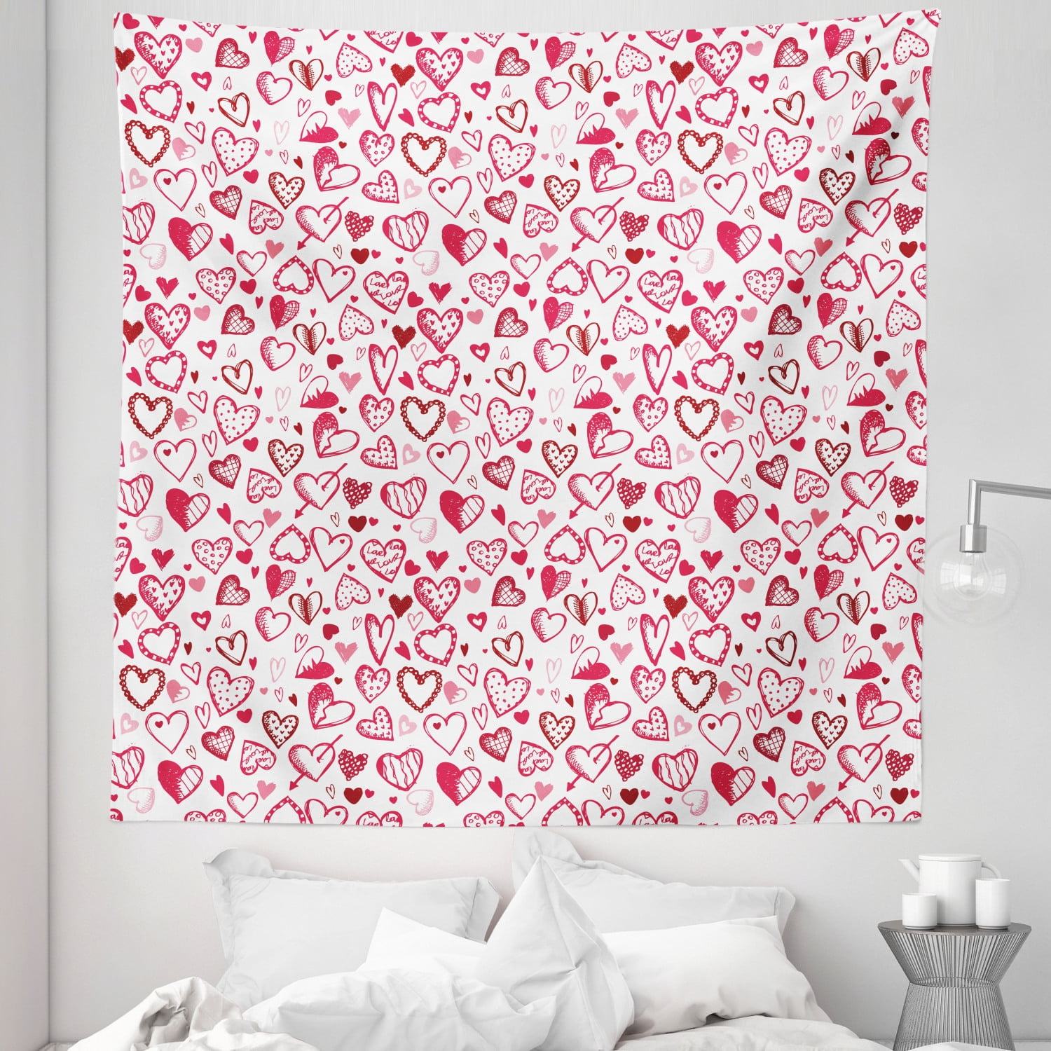 Valentines Tapestry, Sketch Drawing Style Hearts in Red and Pink ...