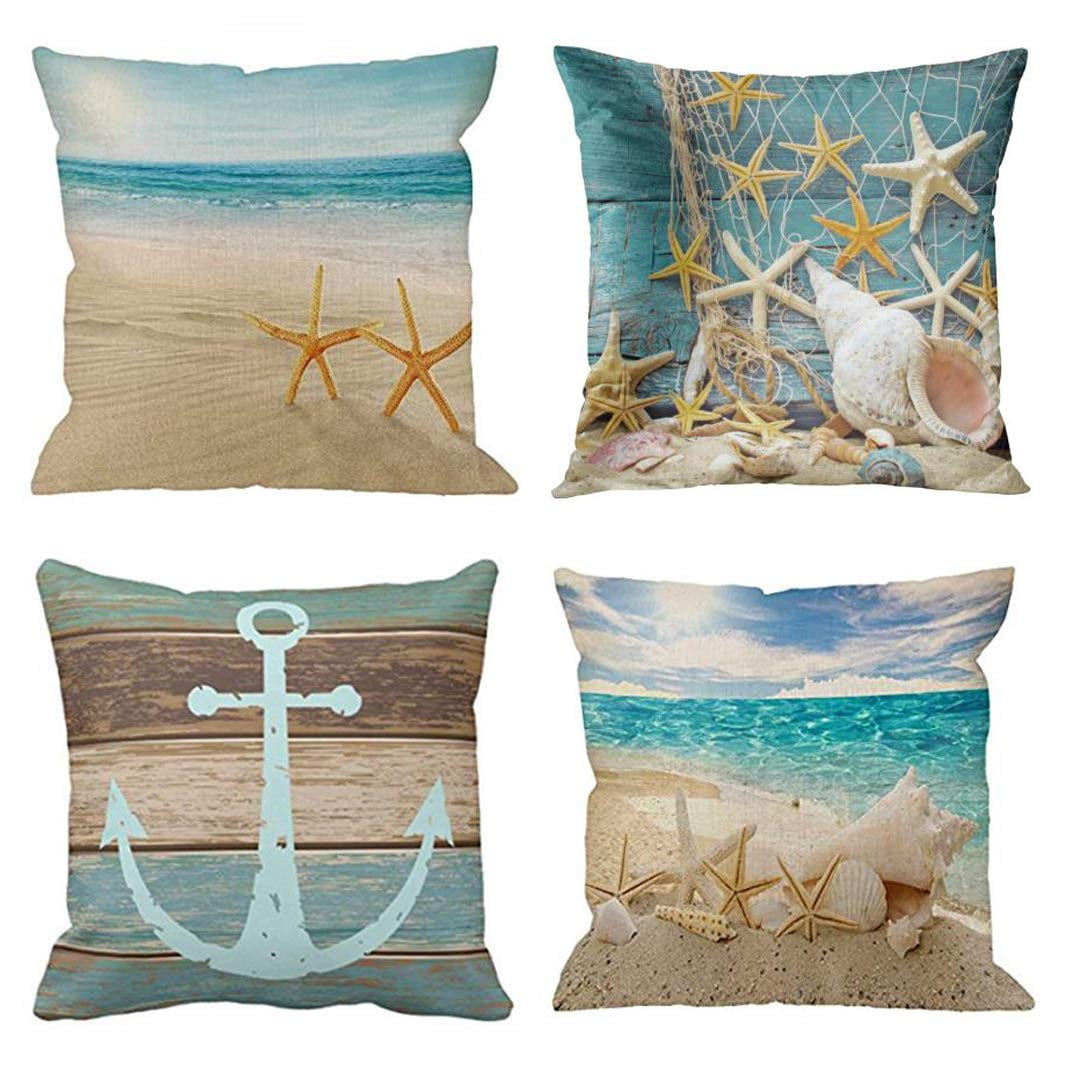 SUFAM Set of 4 Pillow Cases Beach Starfish Shell Seas Oceans Blue Sky ...