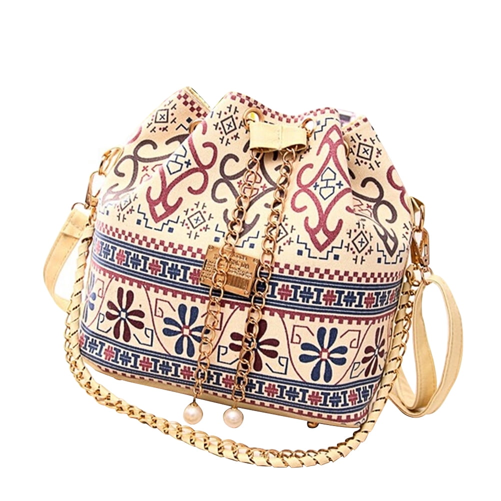 Masteelfca Drawstring Bucket Bag Handbags Classic Shoulder Bag Purses Crossbody Bags For Women With Pumping Belt (Ethnic Style) 26.00x15.00x25.00cm