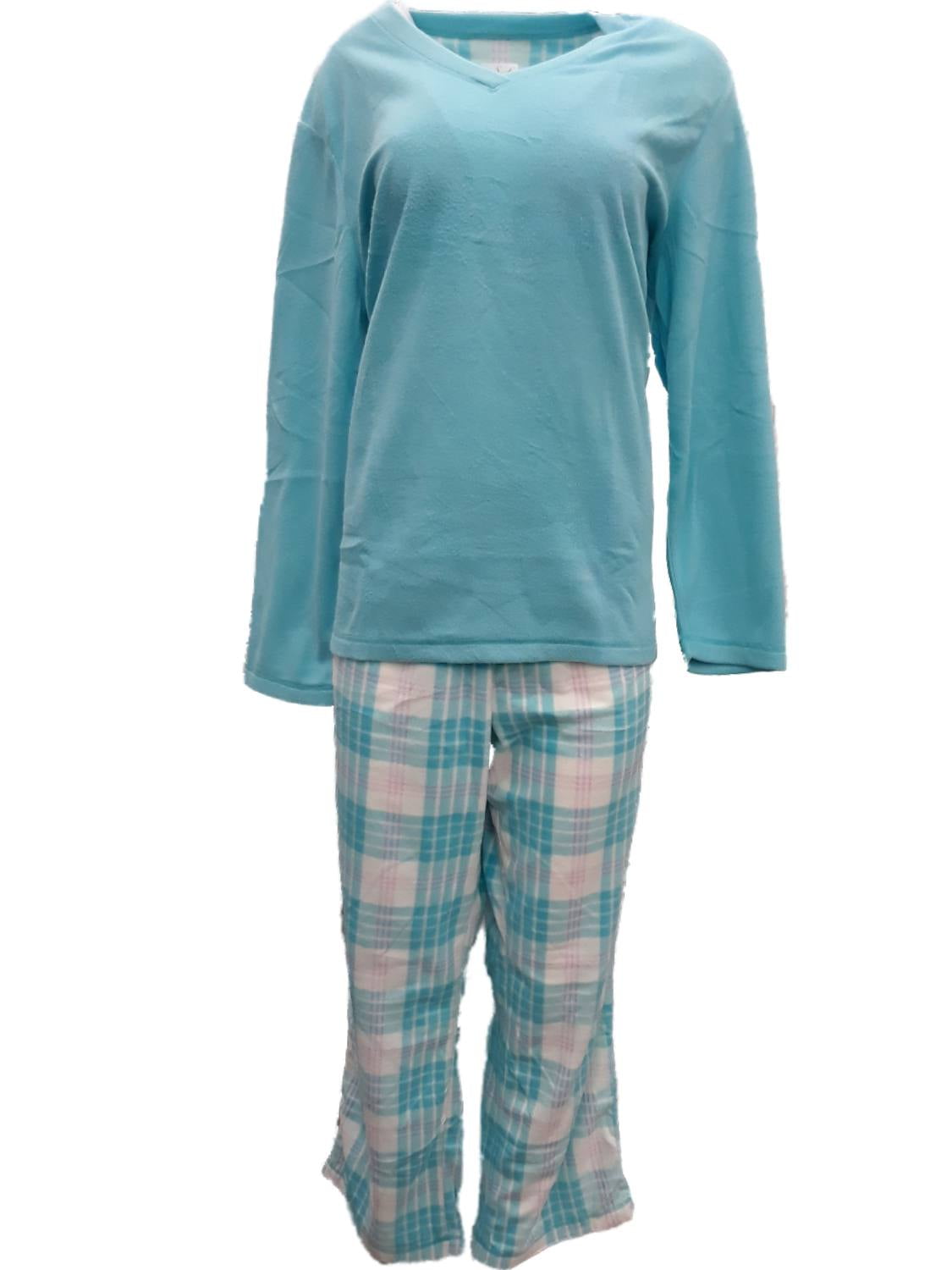 Womens Blue & White Pink Plaid Checker Print Fleece Pajamas Sleep Set X ...