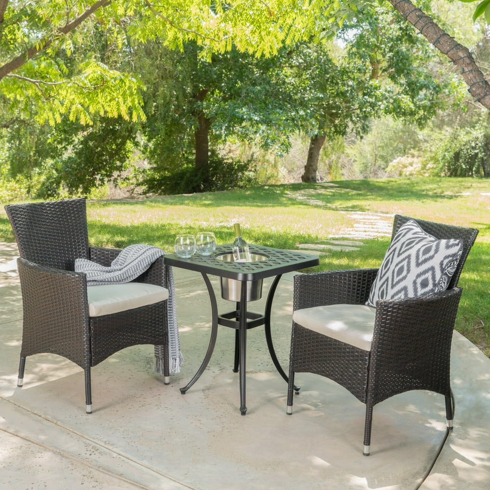 Outdoor 3 Piece Aluminum and Wicker Bistro Set with Cushions,Beige ...