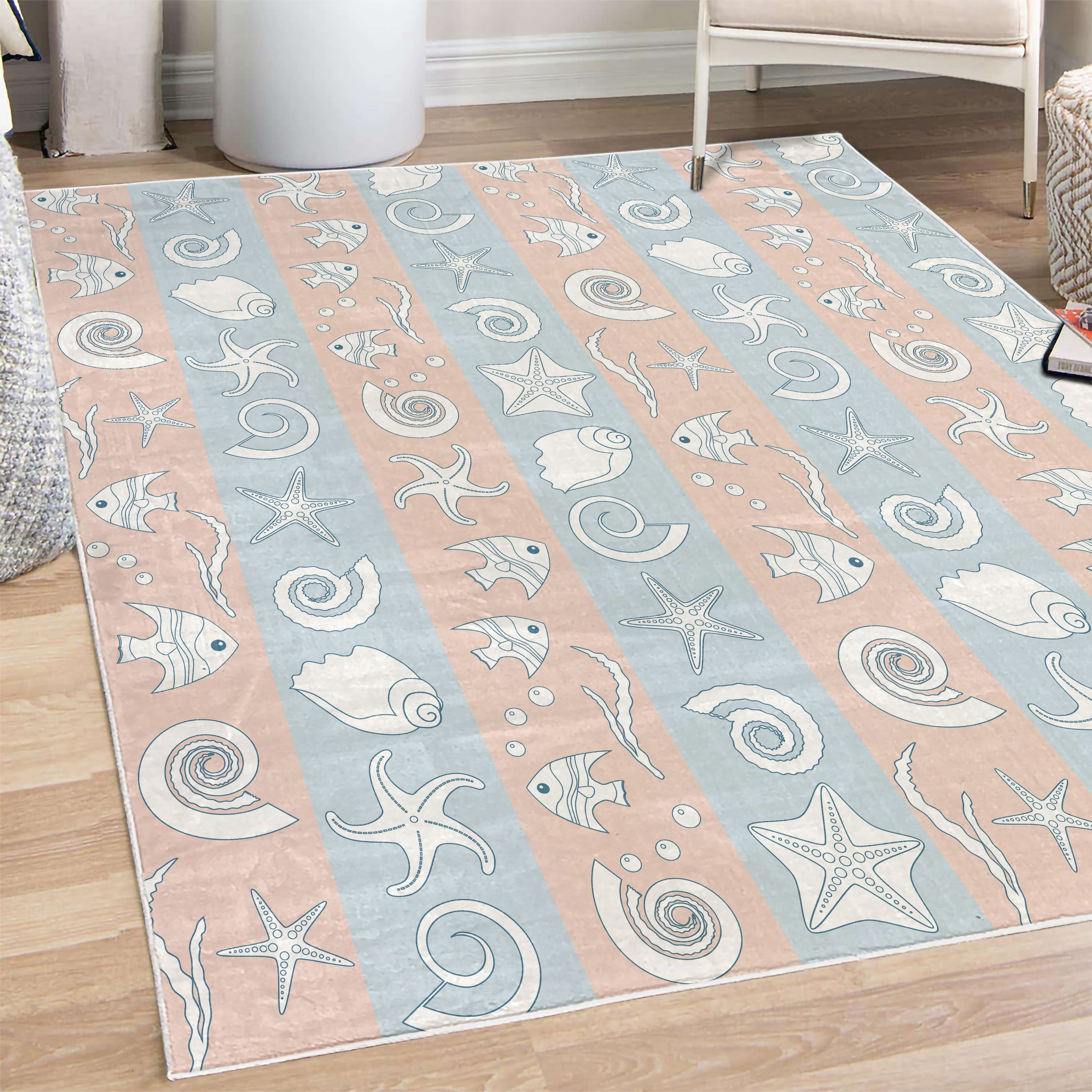 Nautical Decorative Rug, Marine Theme Sea Animals Fishes Shells on ...