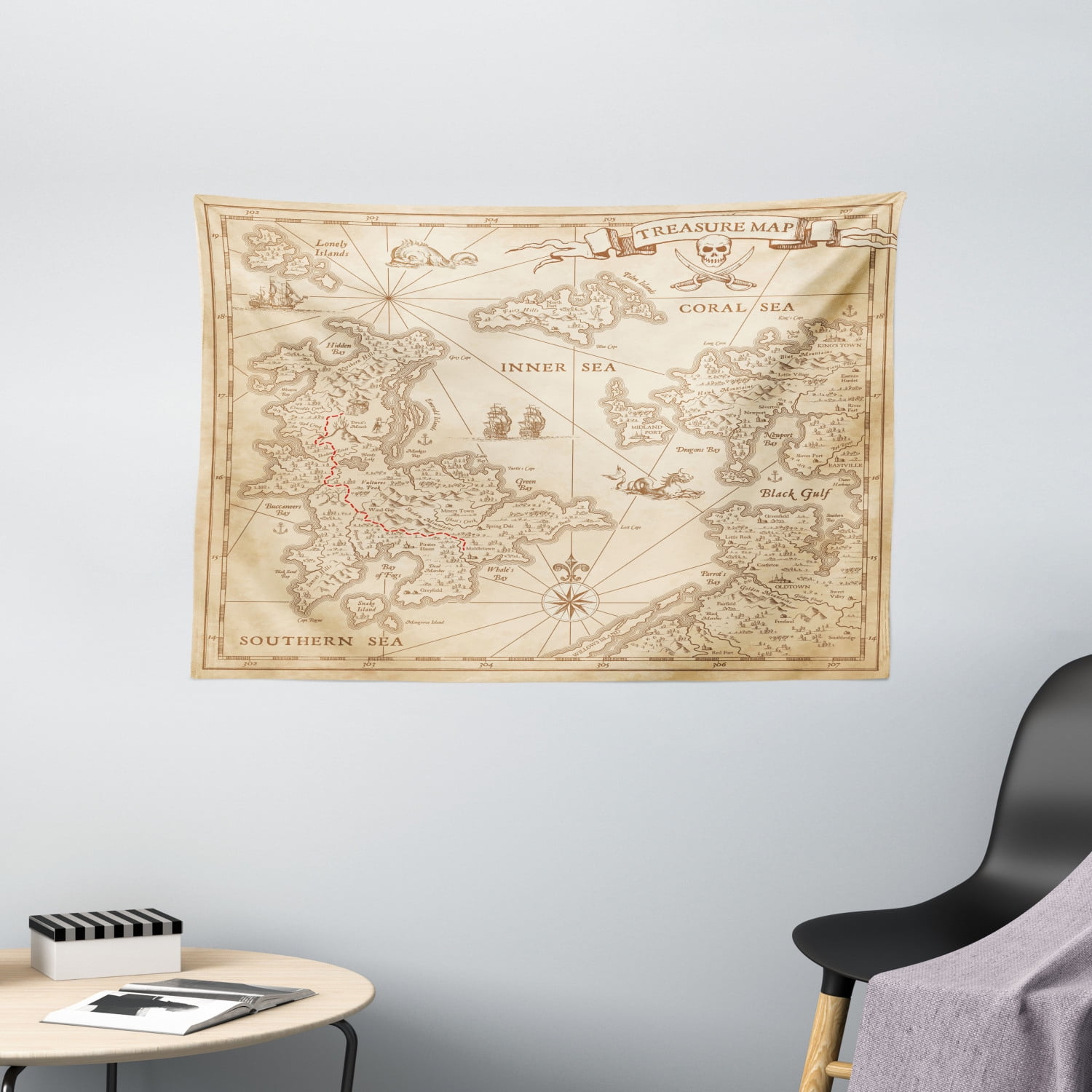 Map Tapestry, Highly Detailed Ancient Grunge Treasure Map Adventure ...