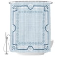 Blue Farmhouse Shower Curtain Set with Hooks, Linen Texture Geometric ...