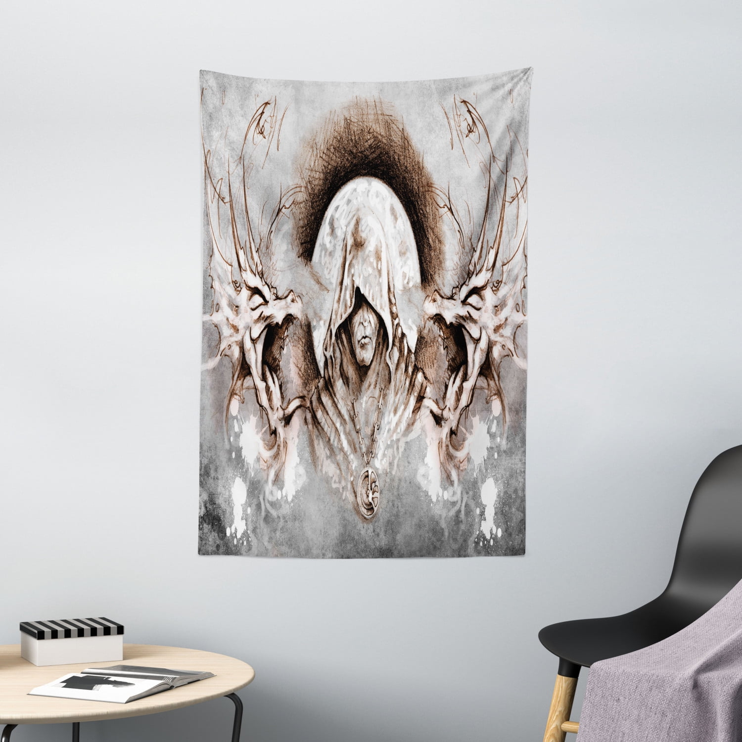 Dragon Tapestry, Monk Witch on Tree Branches Background Gothic Medieval ...
