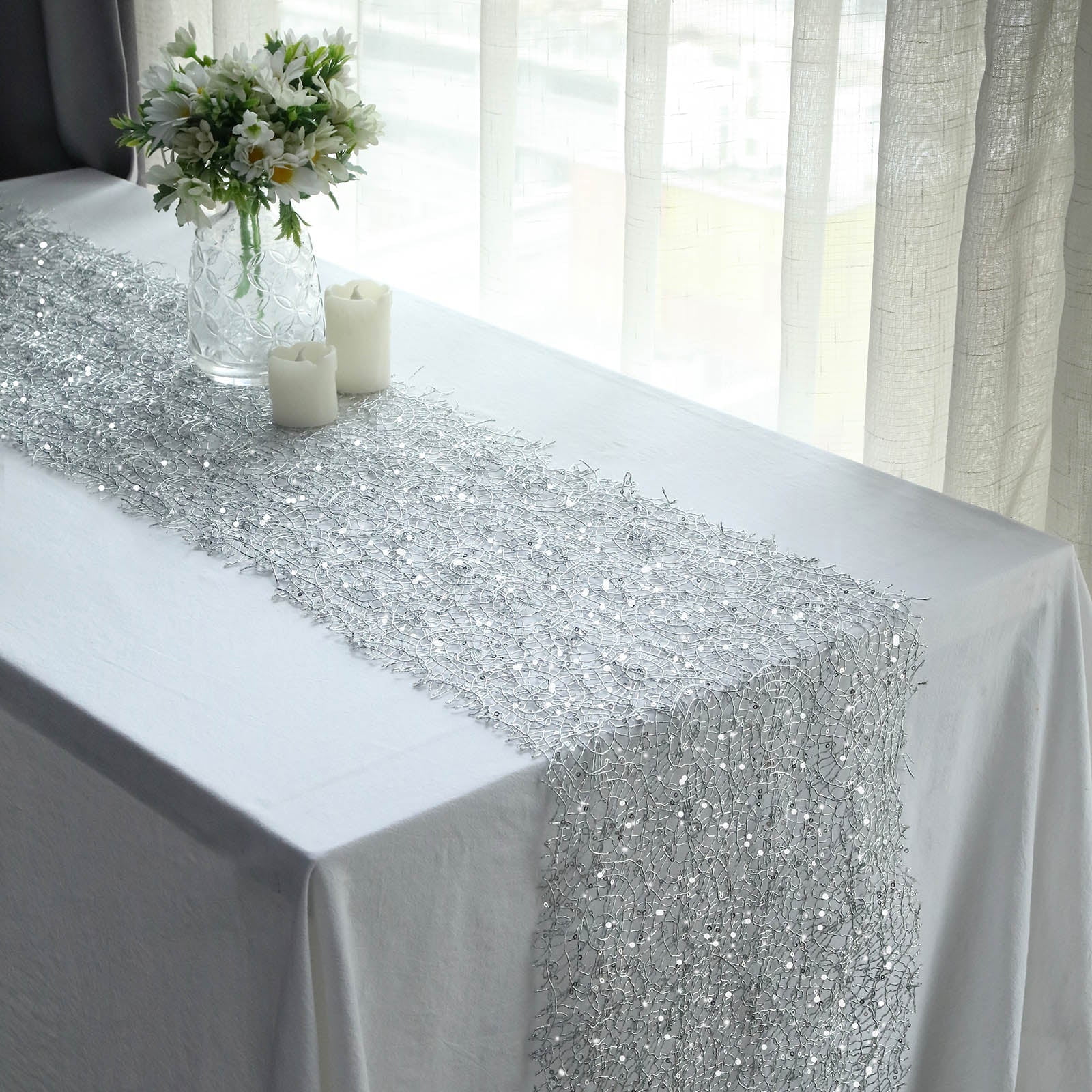 Efavormart 12"x108" Silver Sequin Mesh Schiffli Lace Table Runner ...