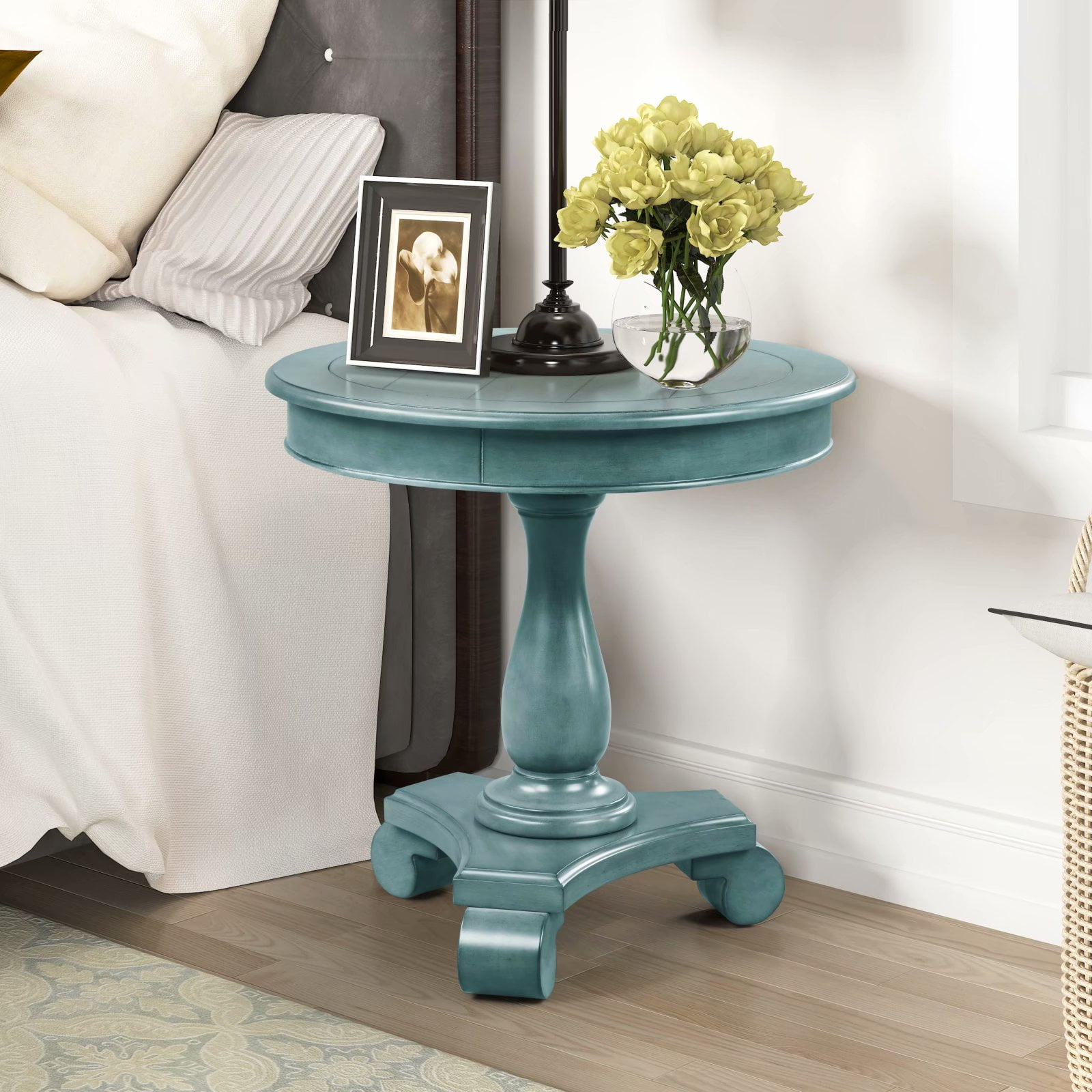 Mordent Fort Antique Teal Round End Table with Pedestal Base and Side ...