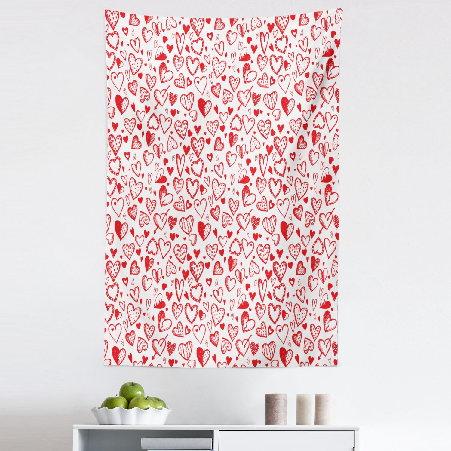 Valentines Tapestry, Red and White Pattern with Sketchy Hearts Dots ...