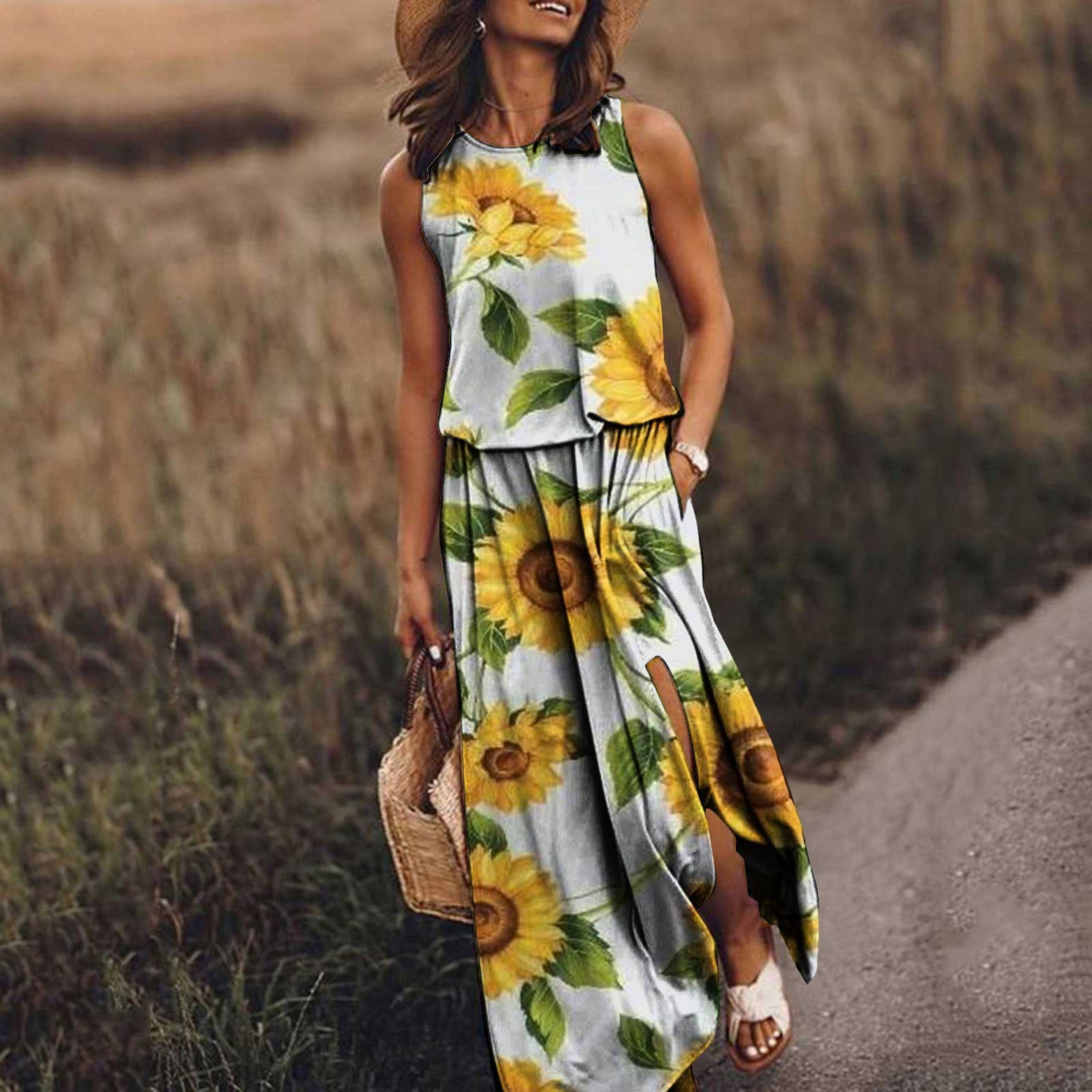 Usmixi Dresses For Women 2023 Elastic Waist Plus Size Slit Pocket Tank