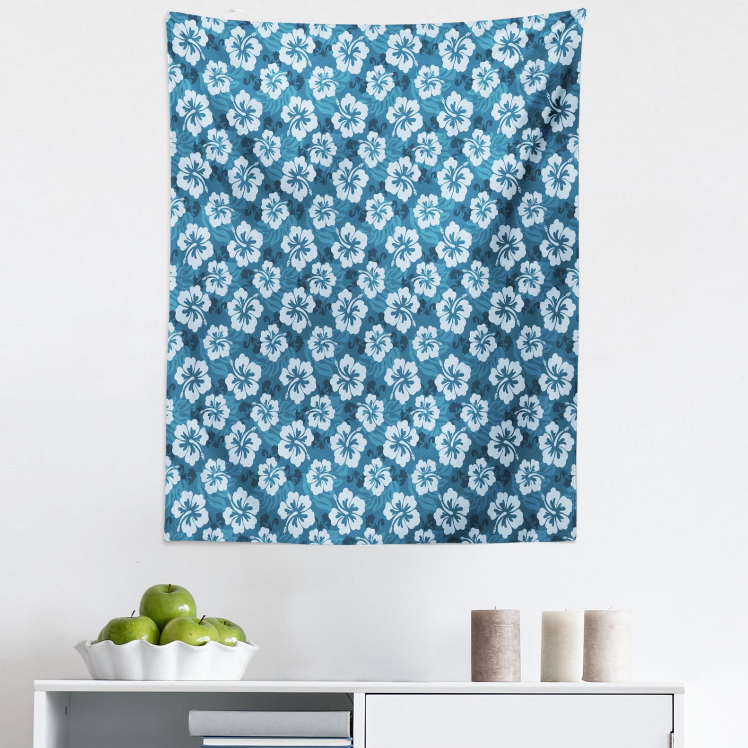 Blue Tapestry, Pattern of Hawaiian Hibiscus Flowers and Leaves Exotic ...