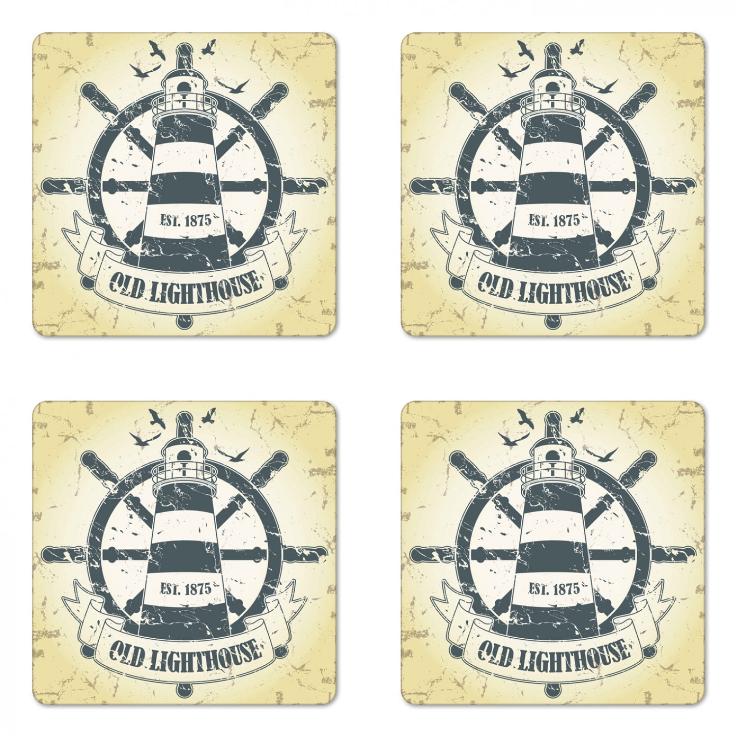 Nautical Coaster Set of 4, Retro Coastal Lighthouse Ship Helm Wheel ...
