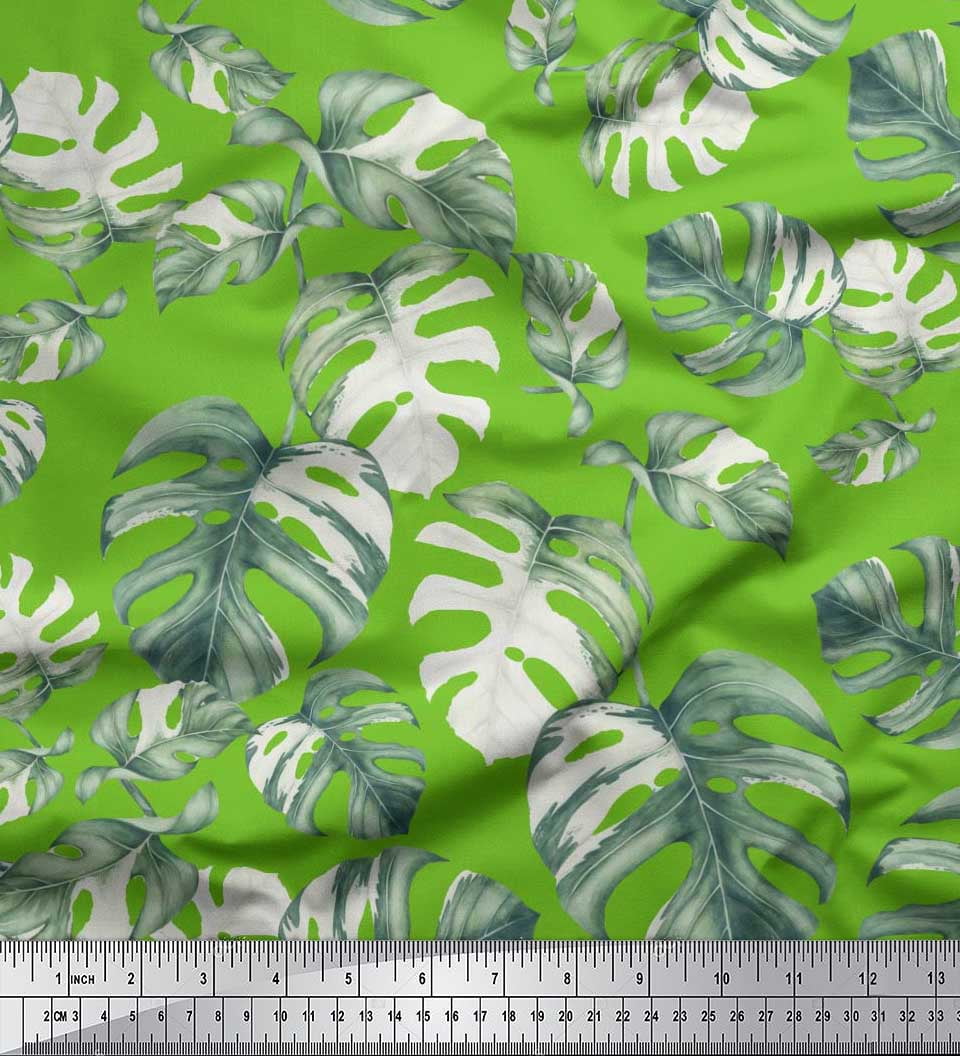 Soimoi Green Satin Silk Fabric Monstera Leaves Print Sewing Fabric Yard ...