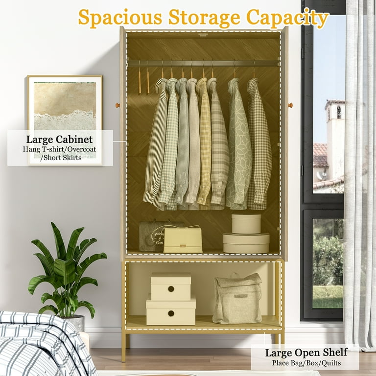 Eumyviv Herringbone Wardrobe Storage Cabinet with 2 Door and One Open Shelf for Bedroom Oak H0120