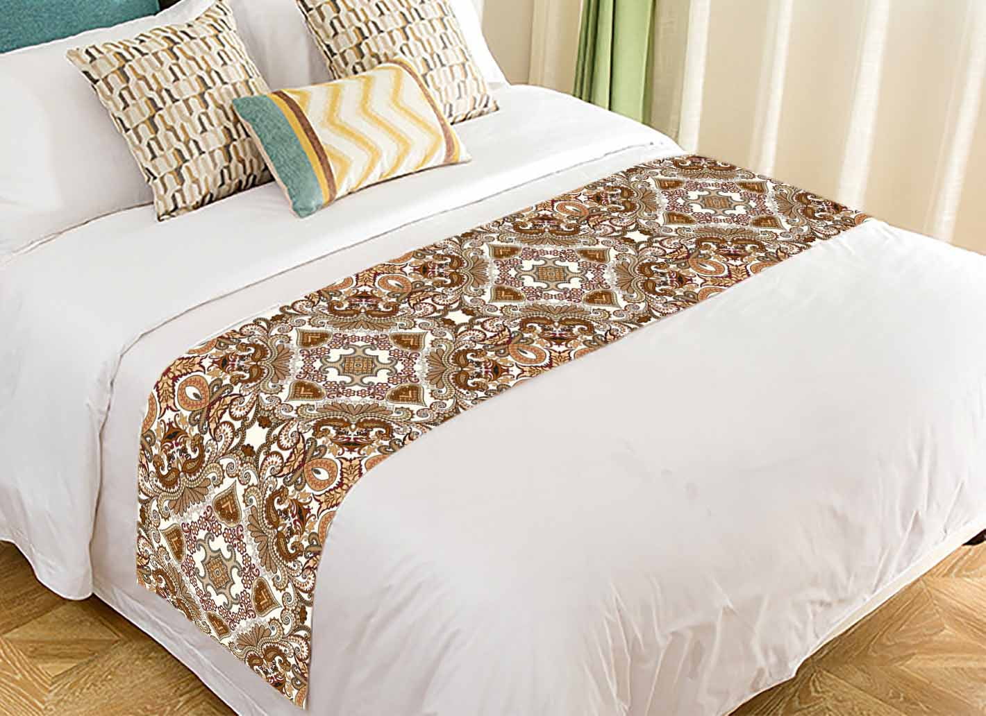 PKQWTM Bandanna An Ornate Beige Brown Colors Cream Bed Runner Bedroom ...