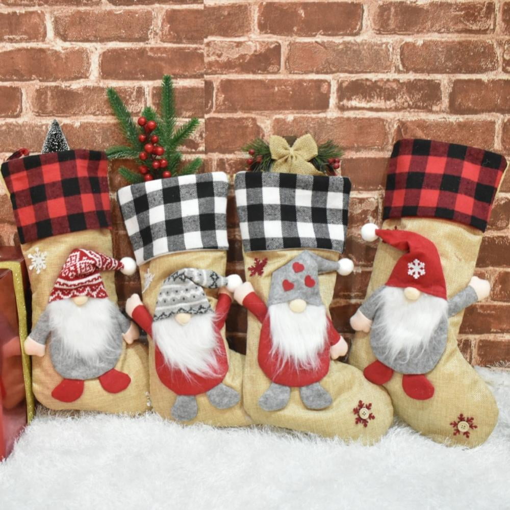 Christmas Stocks Christmas Decorations Linen Grid Xmas Santa Faceless ...