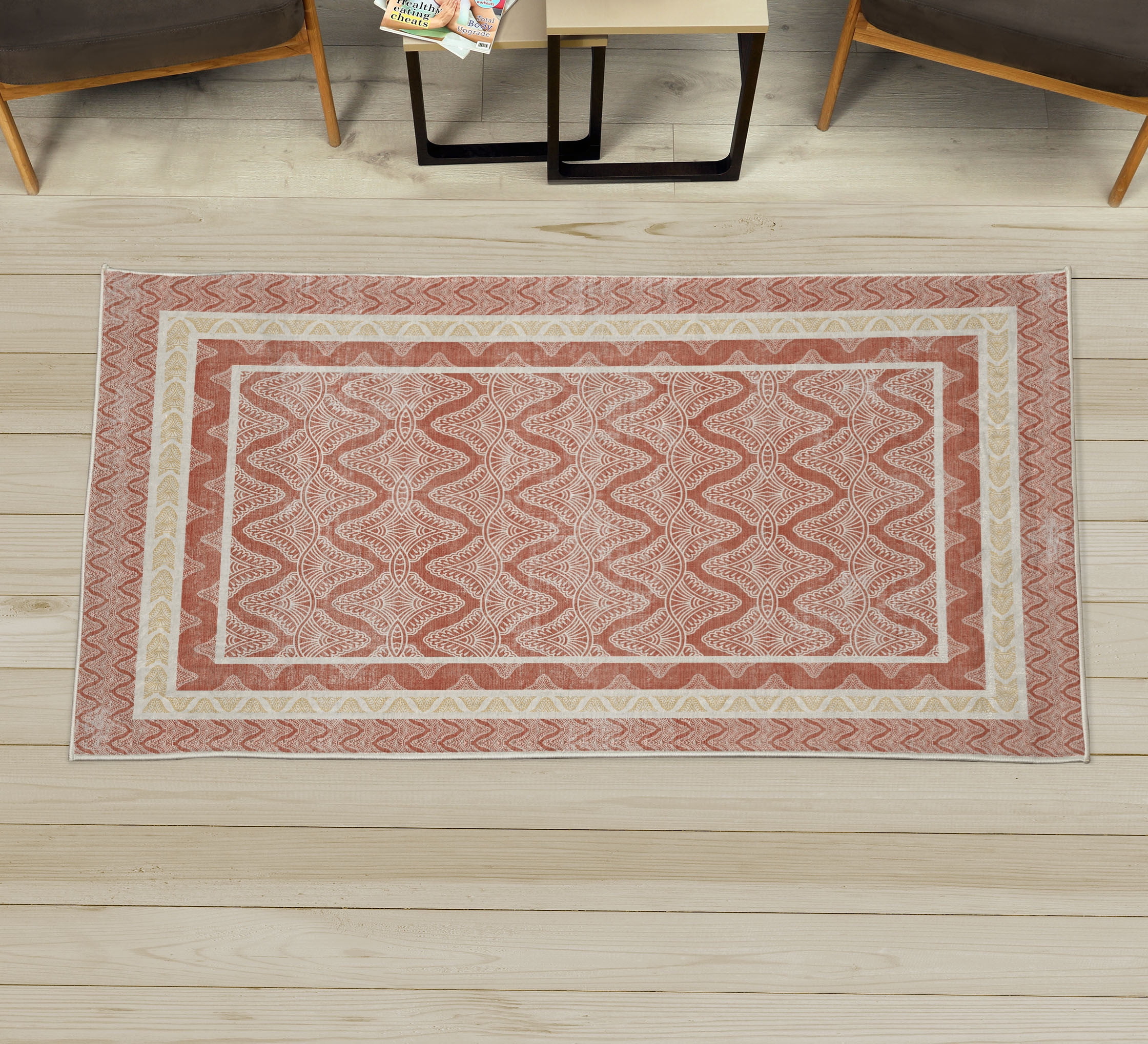 Bohemian Decorative Rug, Earthy Geometric Wavy Motif Ethnic Concept ...