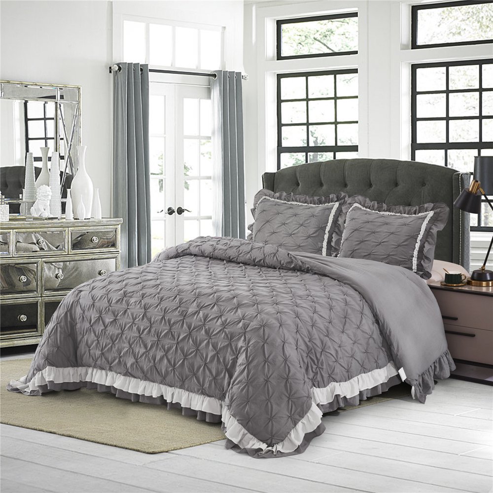 3 Piece Pintuck Gray Comforter Set Queen - Contrast Color Ruffled ...