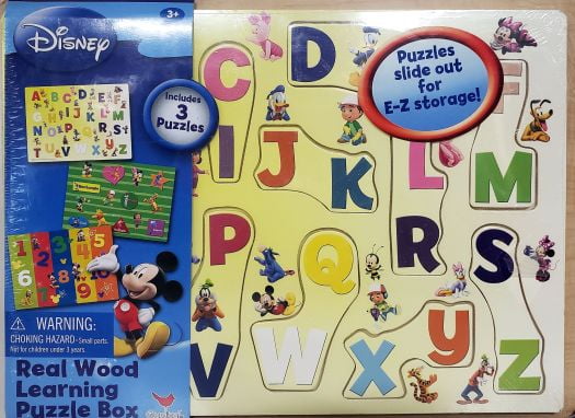 Disney Real Wood Learning Puzzle Box Includes 3 Puzzles - ABCs, Numbers ...