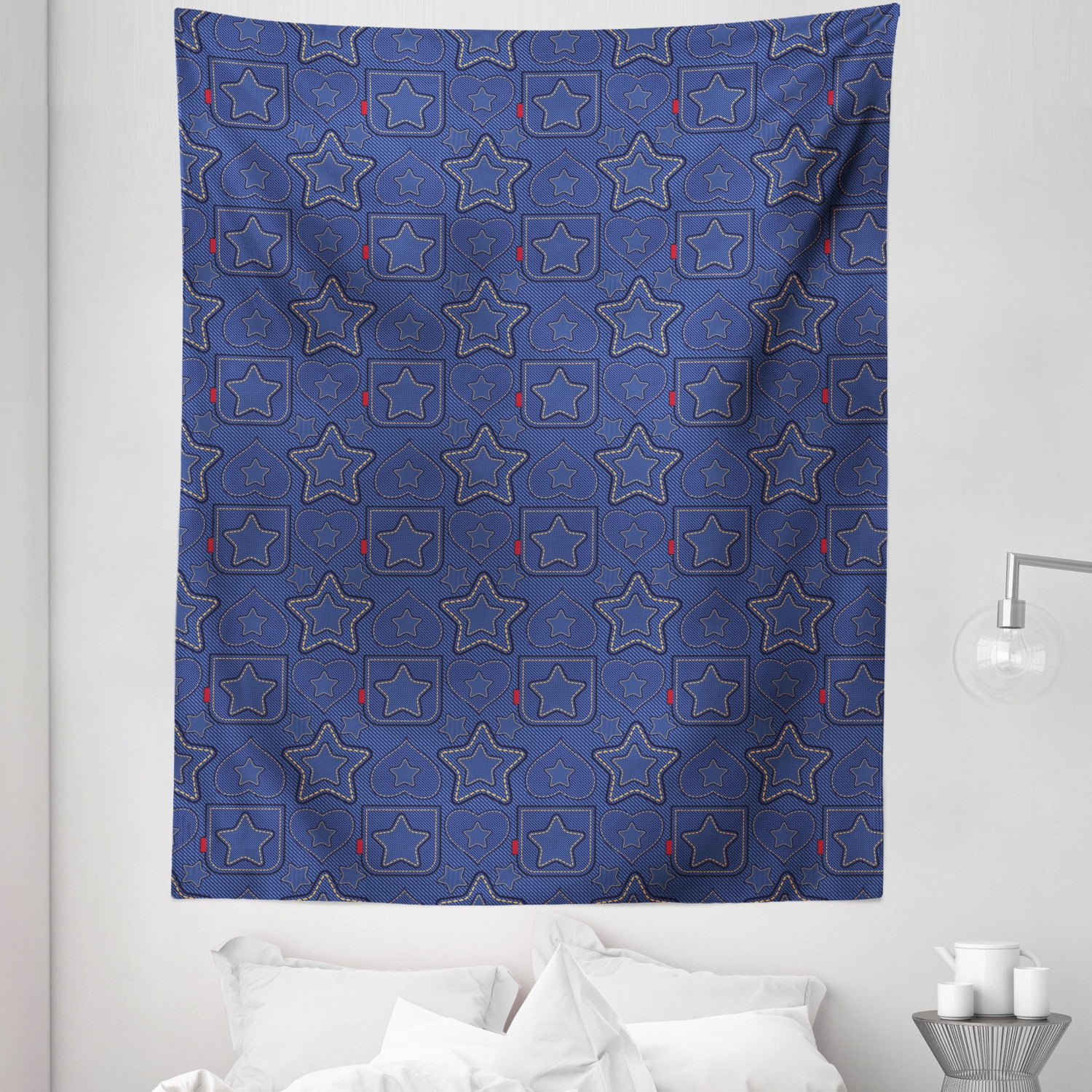 Star Tapestry, Denim Style Pattern with Hearts and Geometric Motifs on ...