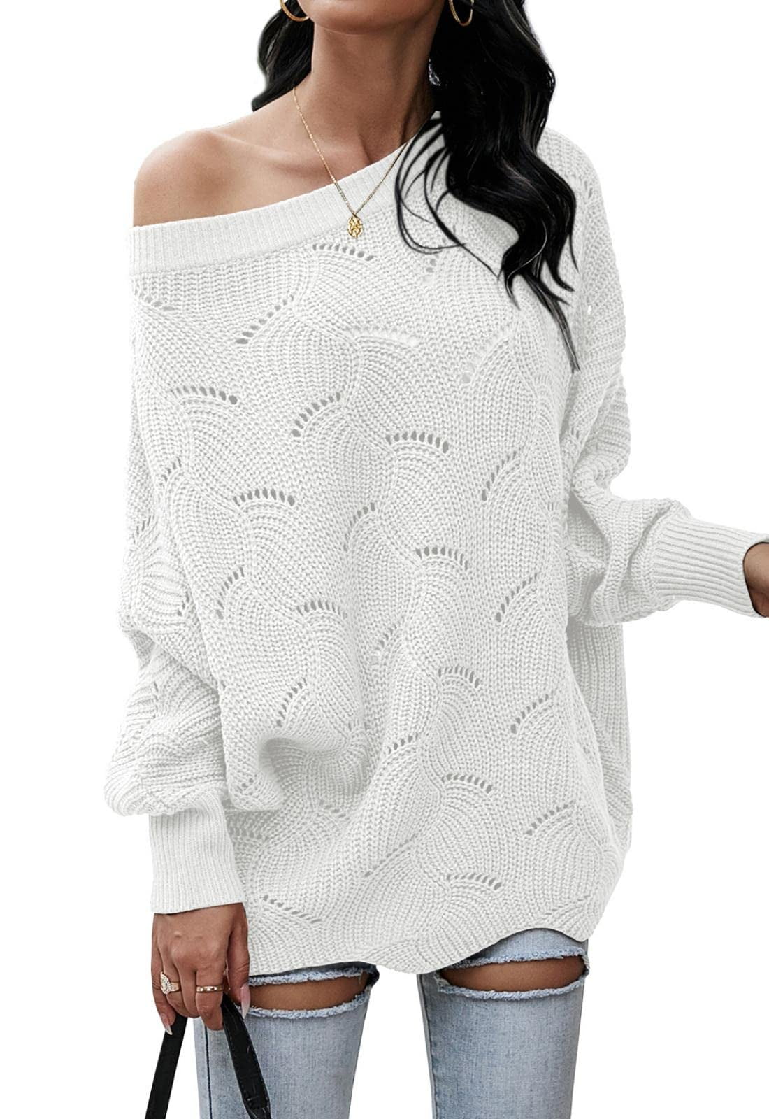 Sherrylily Women Off Shoulder Oversized Long Batwing Sleeve Cable Knit ...