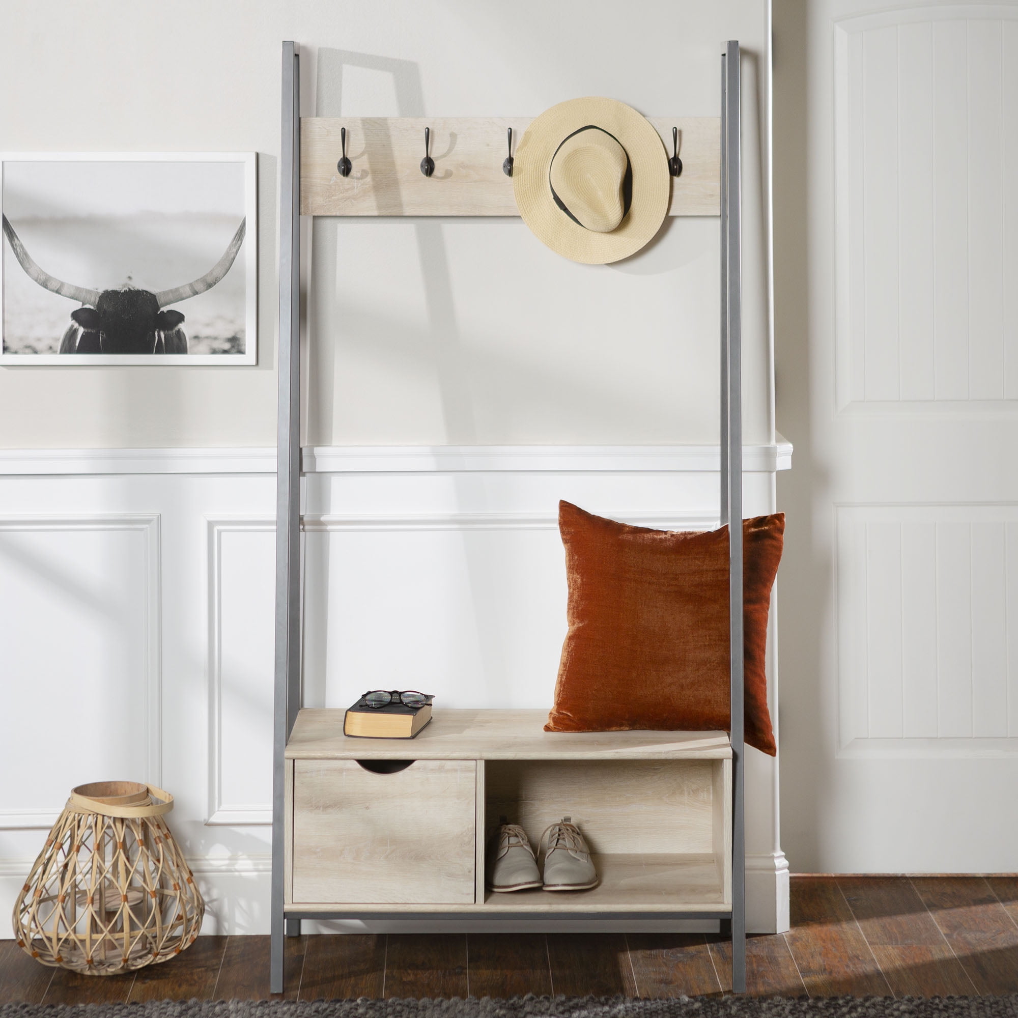 Manor Park Urban Hall Tree with Coat Rack and Bench, White Oak ...