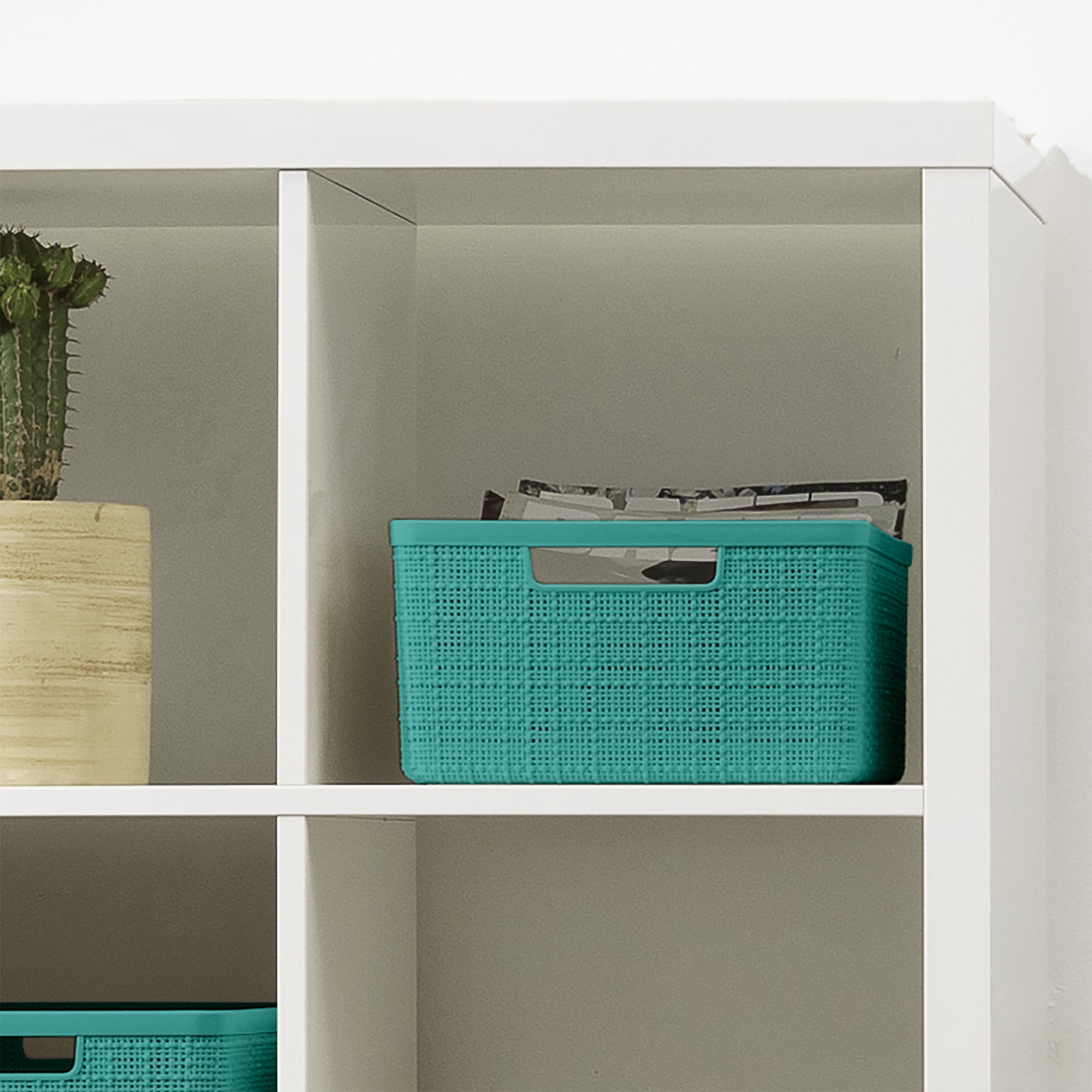 Curver Jute Medium Basket, Resin Plastic Storage Bin, Aqua Slate, 4 Pack