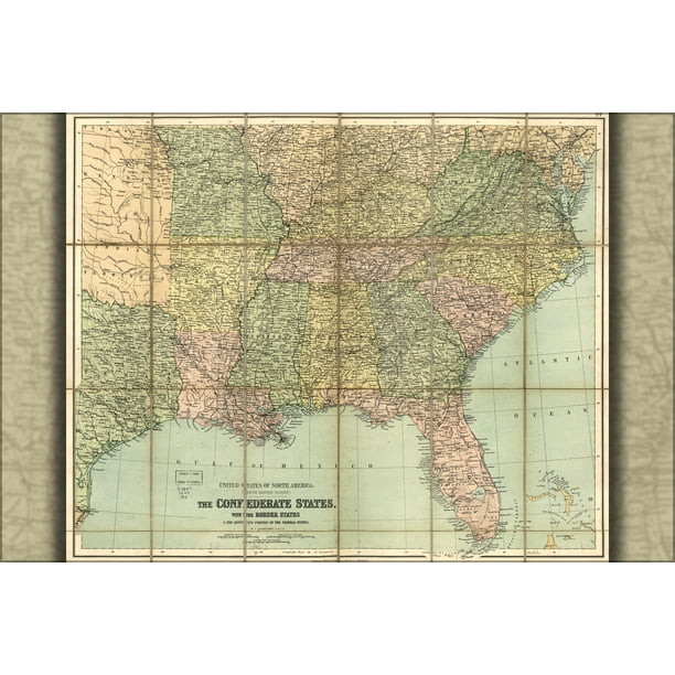 24"x36" Gallery Poster, civil war map of Confederate states 1864 ...