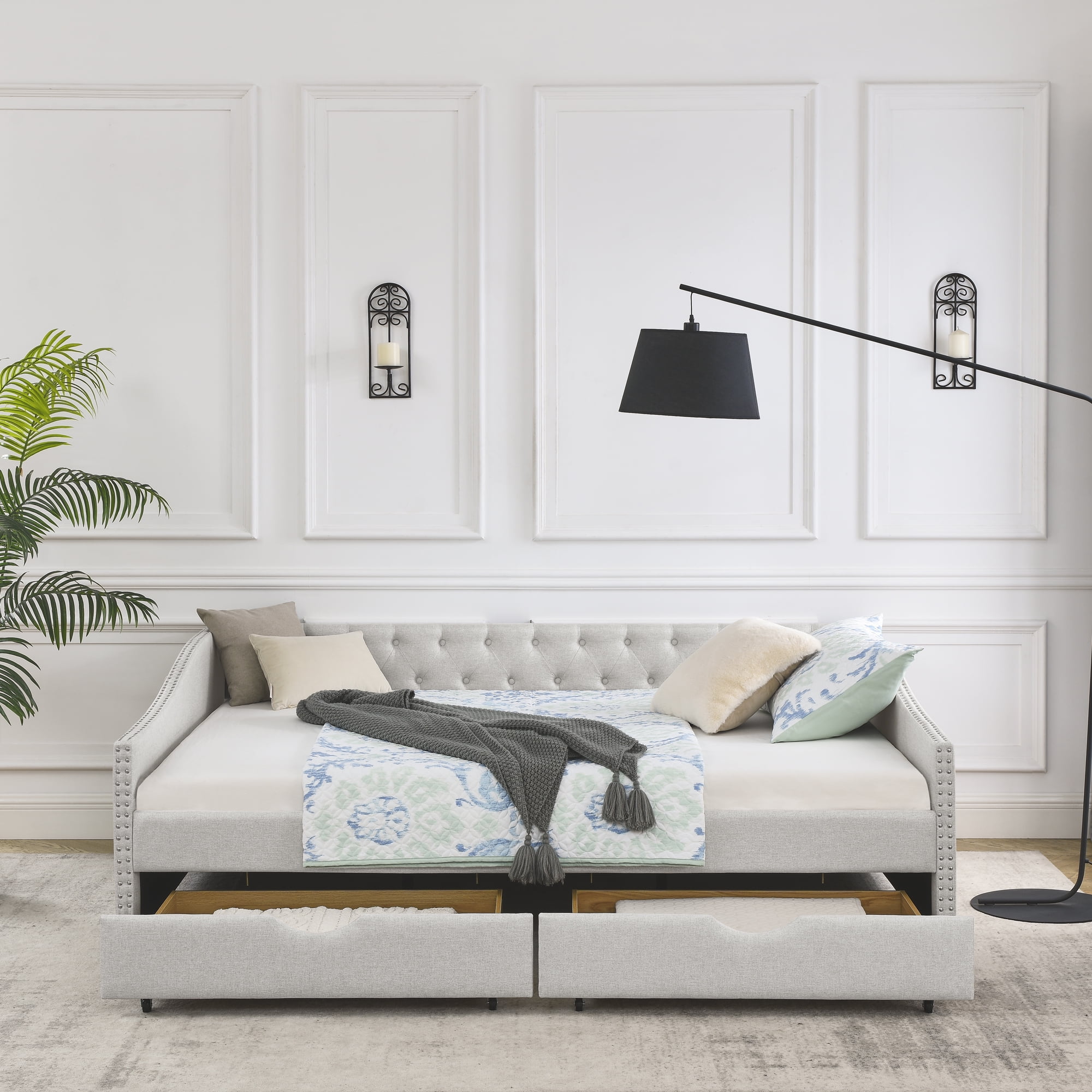 Momspeace Upholstered Daybed with Drawers Modern Fabric Queen Size Daybed Frame Sofa Bed No Box Spring Needed Space Saving Beige Walmart