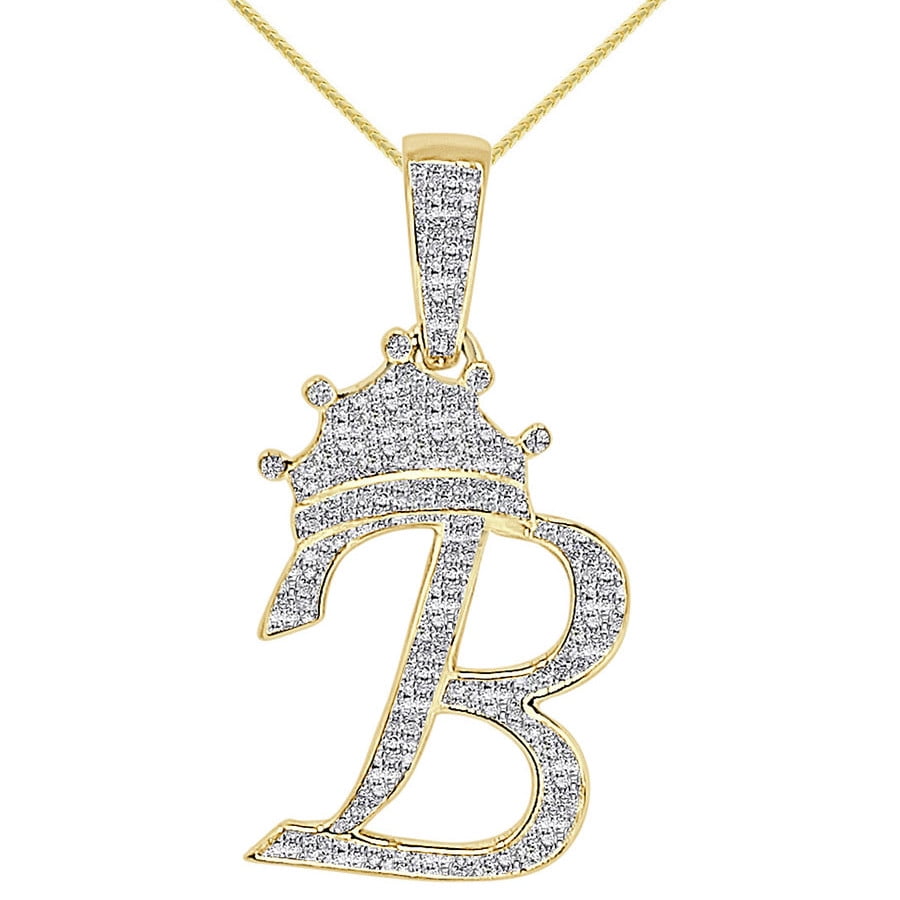 10K Real Yellow Gold Genuine Diamond Initial Letter Alphabet B Crown ...