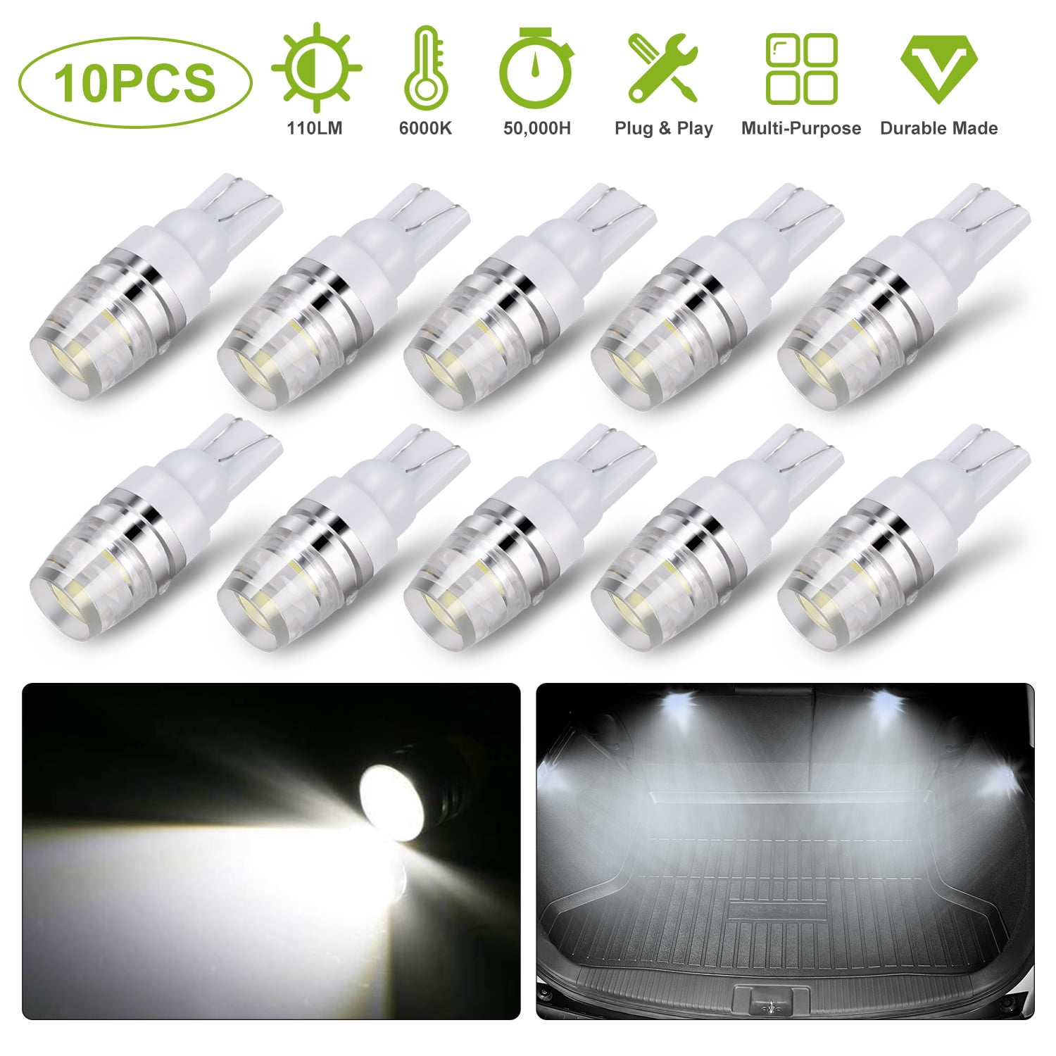 10PCS T10 LED Bulbs 194 LED Lights 12V 1W 5730 Xenon White Wedge Base ...