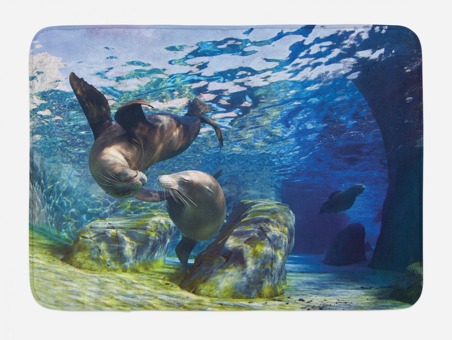 Sea Animals Bath Mat, Playful California Sea Lions Swimming in Clear ...