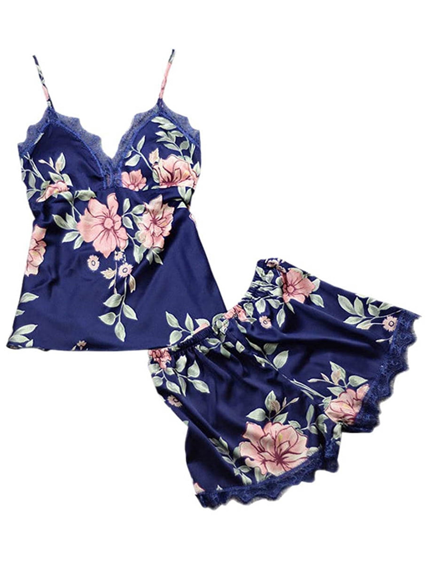 FOCUSNORM Women's Lace Satin Sleepwear Cami Top and Shorts Pajama Set ...
