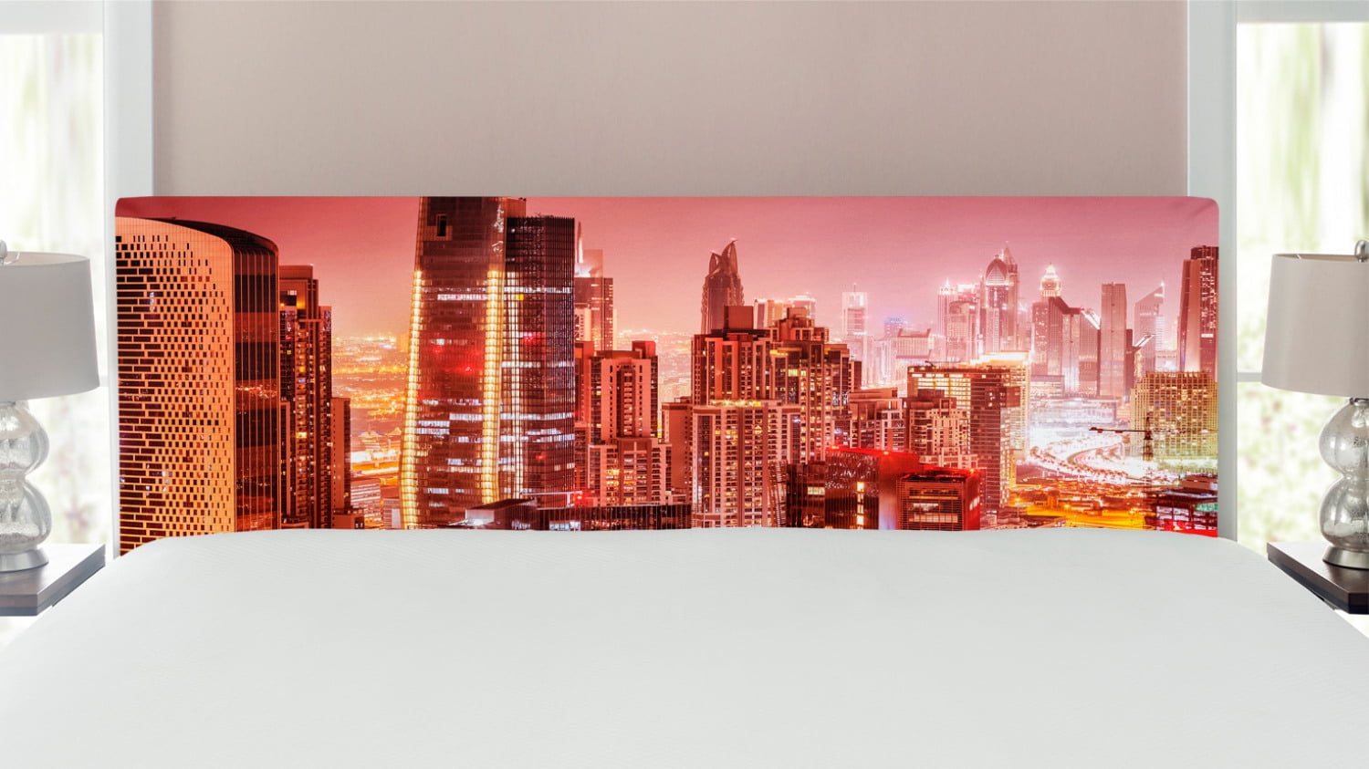 Cityscape Headboard, Dubai at Night Scenery Tall Skyscrapers Panorama ...
