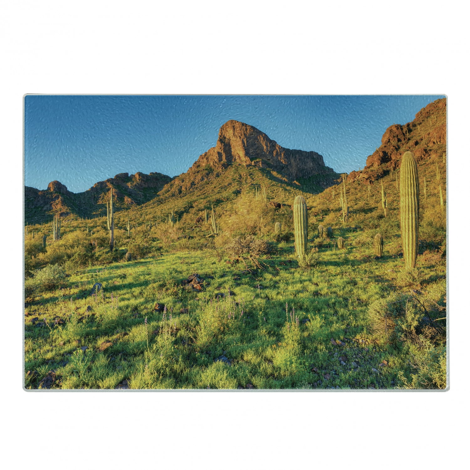 Saguaro Cutting Board, Picacho Peak at Sunrise Surrounded by Barren ...