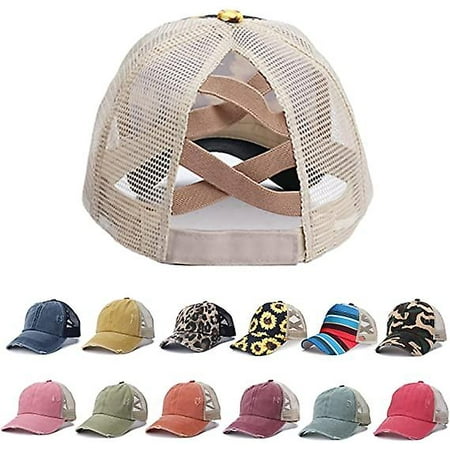 Criss Cross Hat Washed Distressed Baseball Cap Ponytail Hat High Messy ...