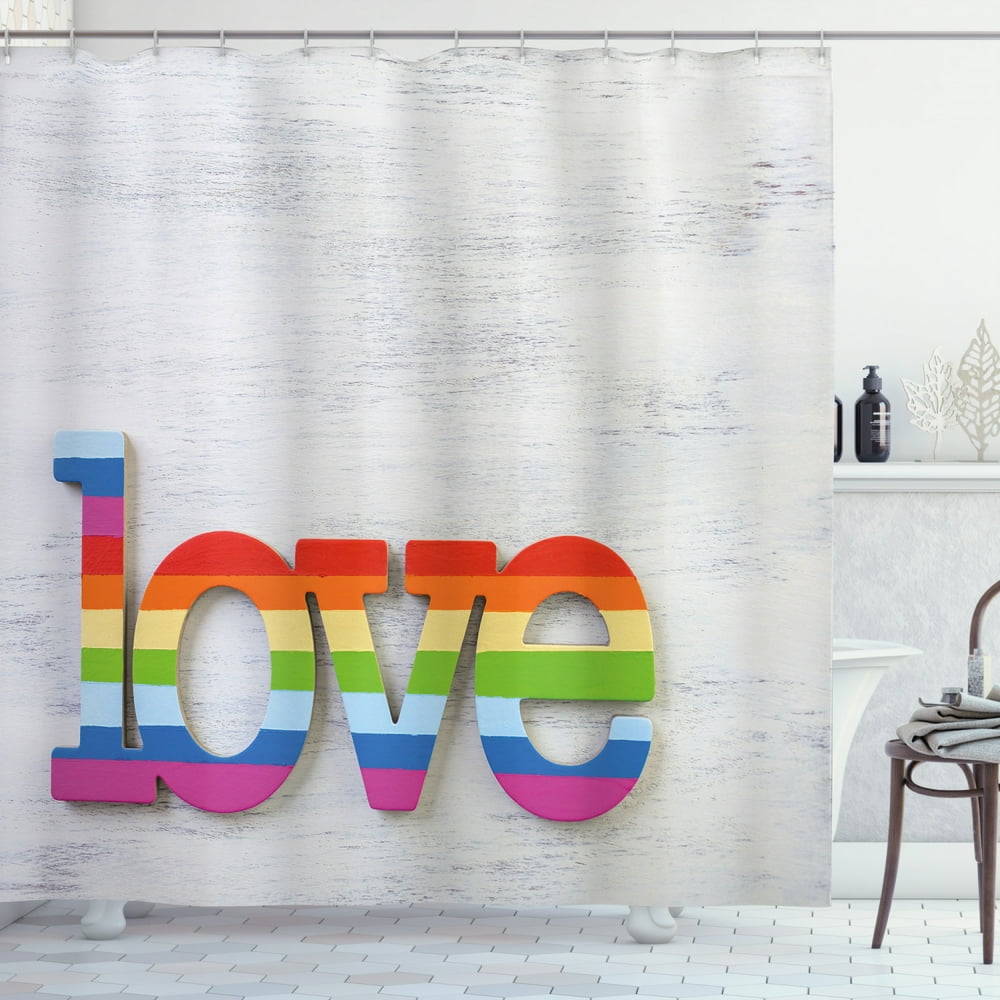 Pride Decorations Shower Curtain Rainbow Colored Love Sign On Wood