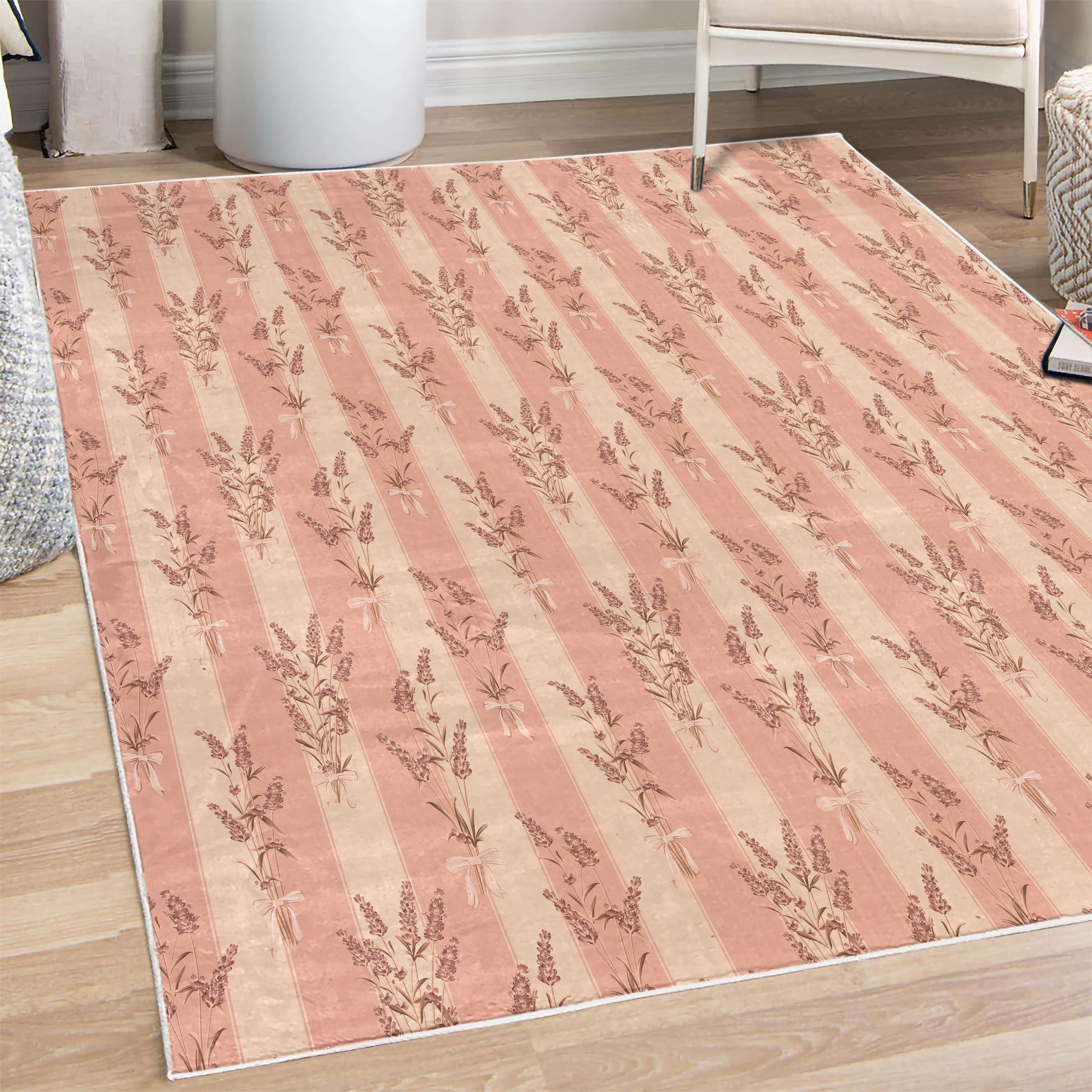 Lavender Decorative Rug, Stripes and Flowers Ribbons Romantic Country ...